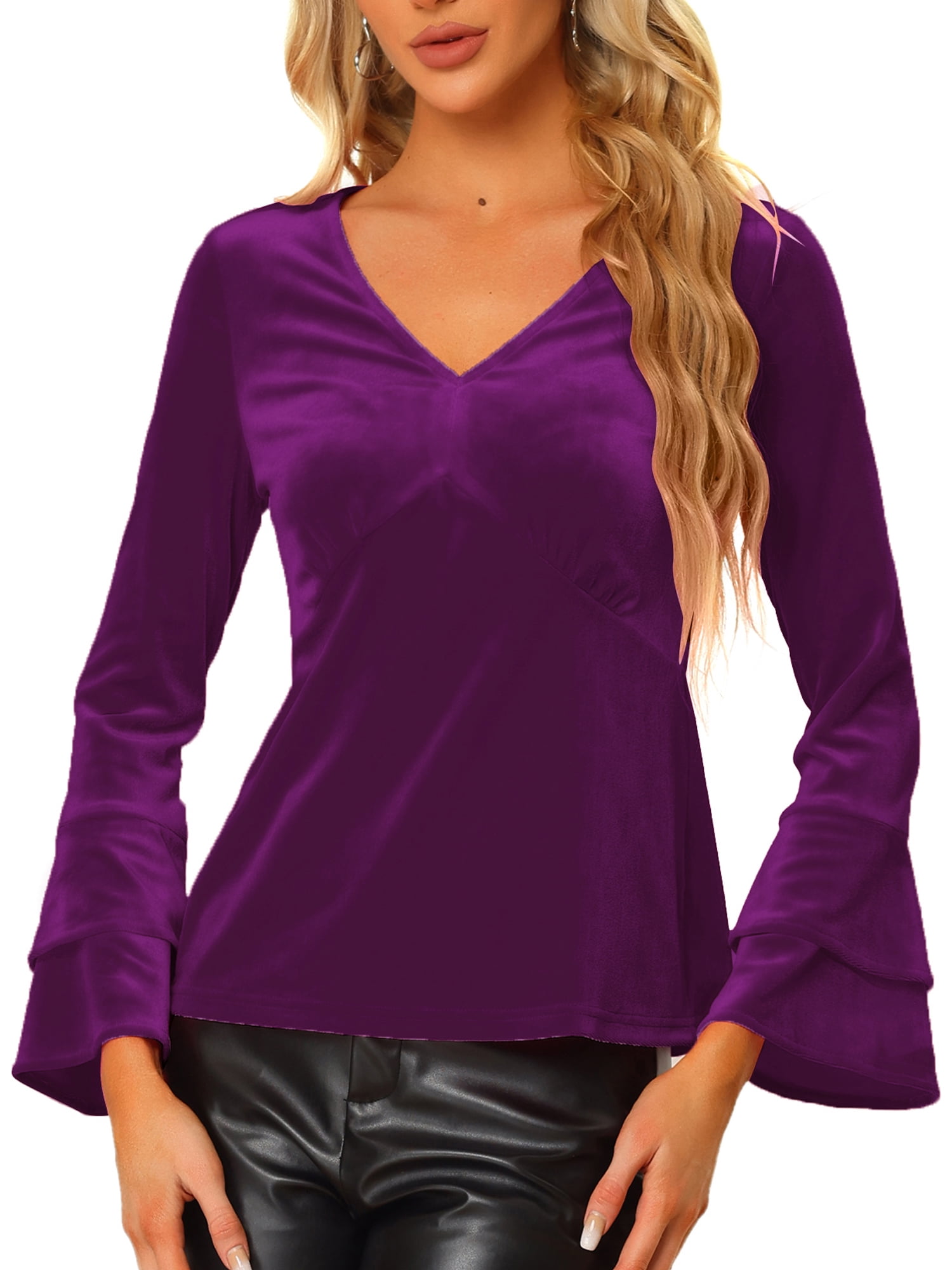 Allegra K Women's Party V Neck Flare Long Sleeve Velvet Peplum Blouse S ...