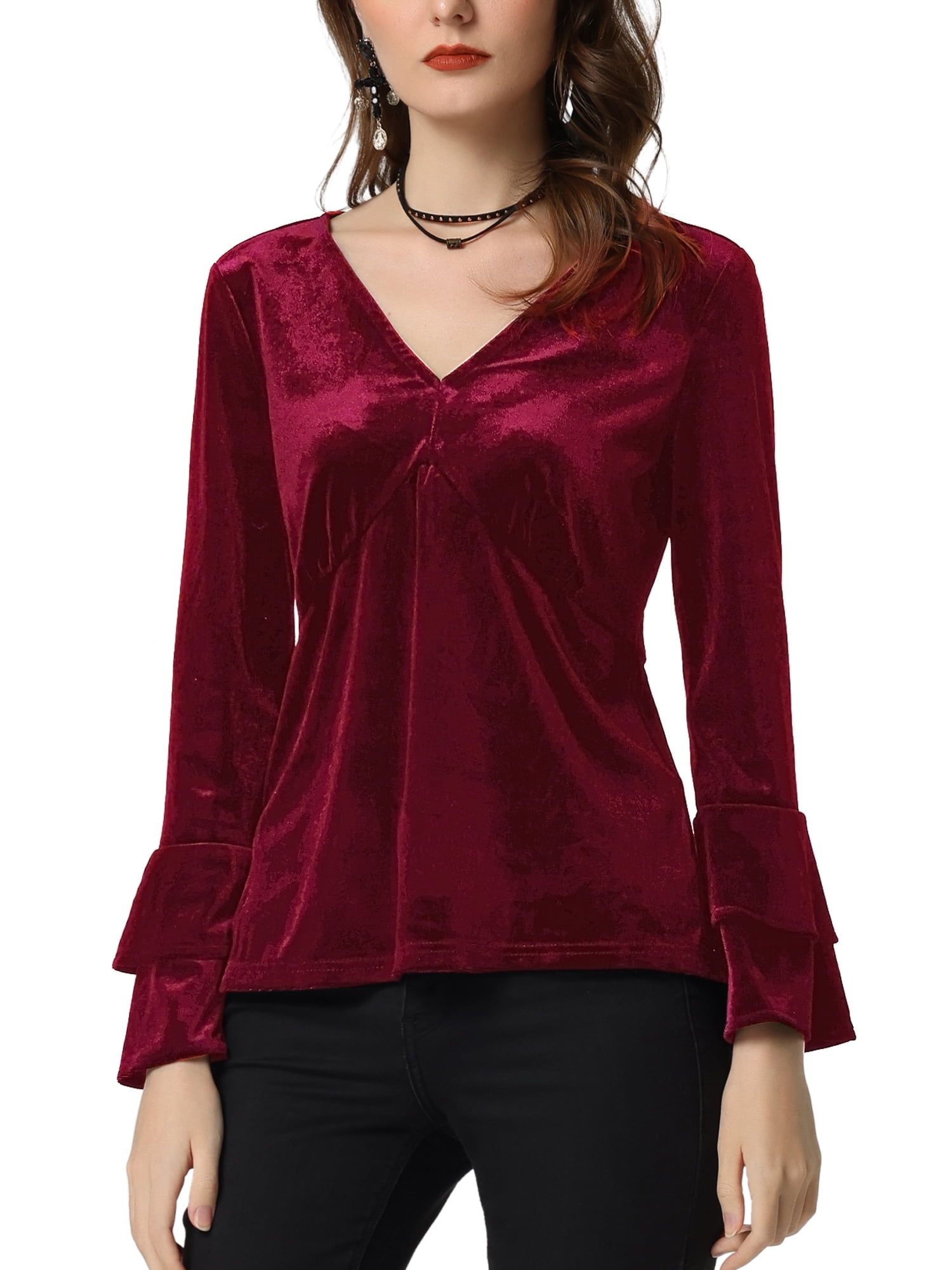 Allegra K Women's Party V Neck Flare Long Sleeve Velvet Peplum Blouse ...