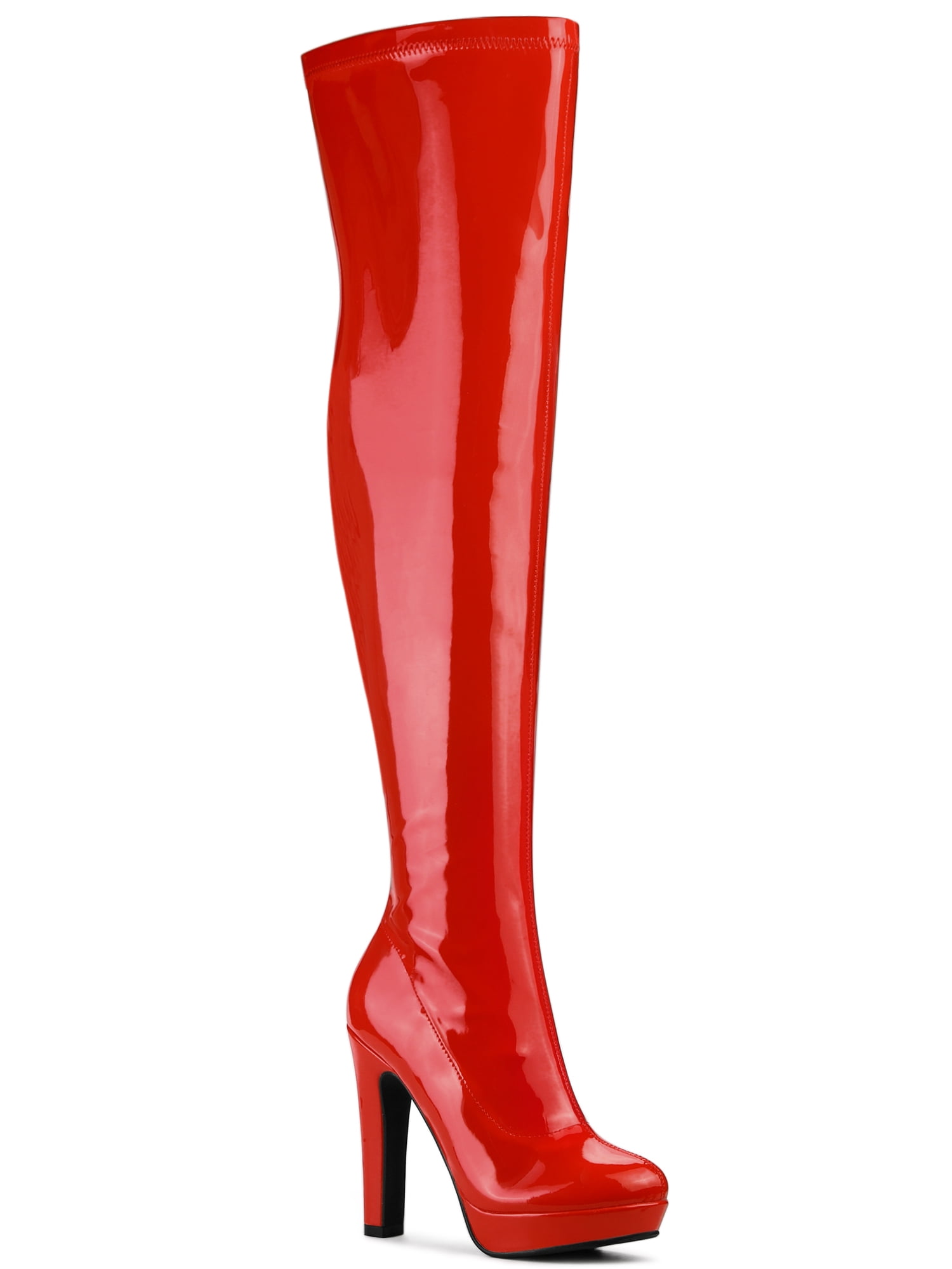 BLISSFUL STEP Women's Patent Leather Chunky Heel Platform Over Knee ...