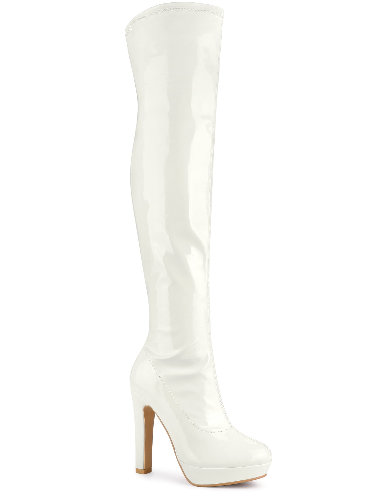 BLISSFUL STEP Women's Patent Leather Chunky Heel Platform Over Knee ...