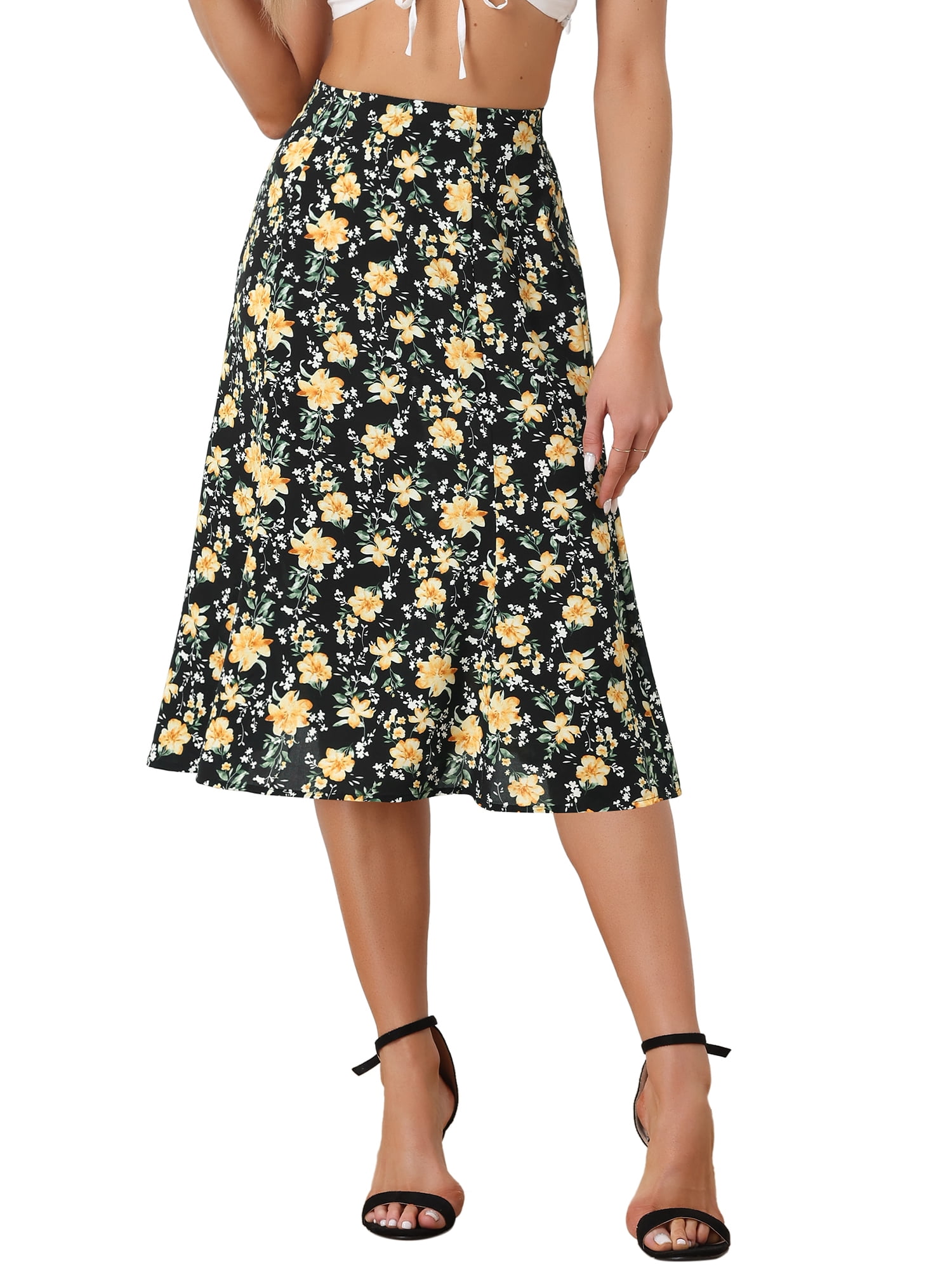 INSPIRE CHIC Women's Peasant Elastic Waist A-Line Printed Midi Skirt XS ...