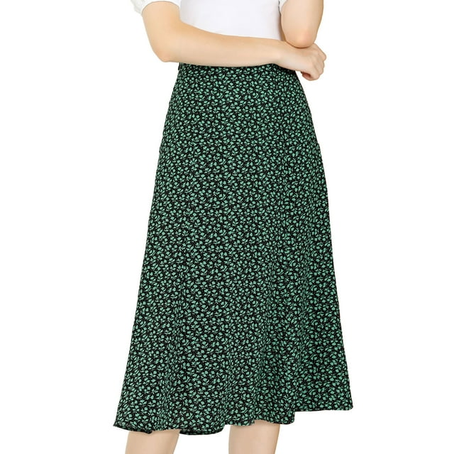 Allegra K Women's A-Line Midi Skirt with Elastic Waist in Leaf Print for Casual Look - Walmart.com