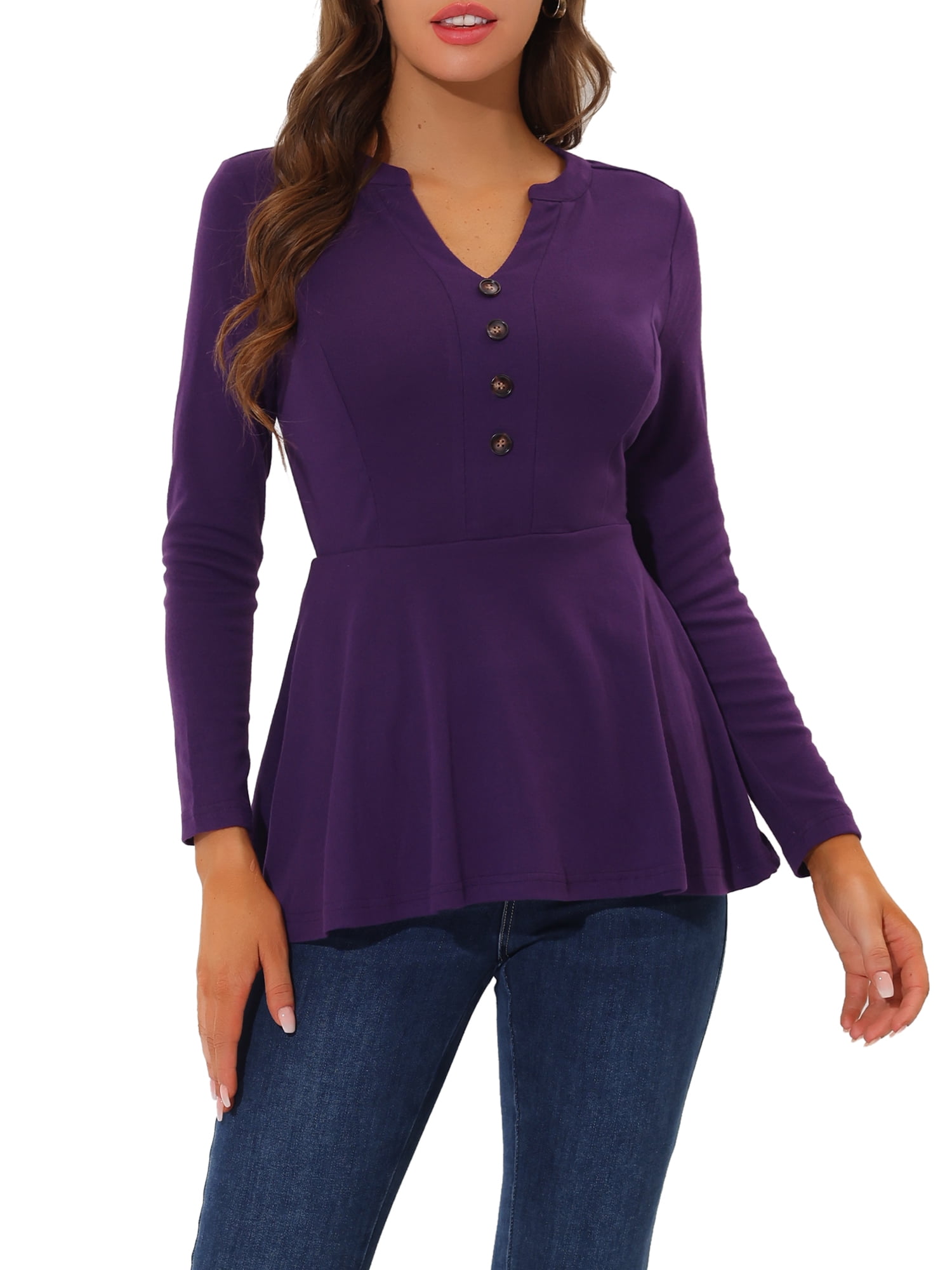 Allegra K Women's Peplum Knit Split Neck Elegant Stretchy Button Decor Tunic Tops - Walmart.com