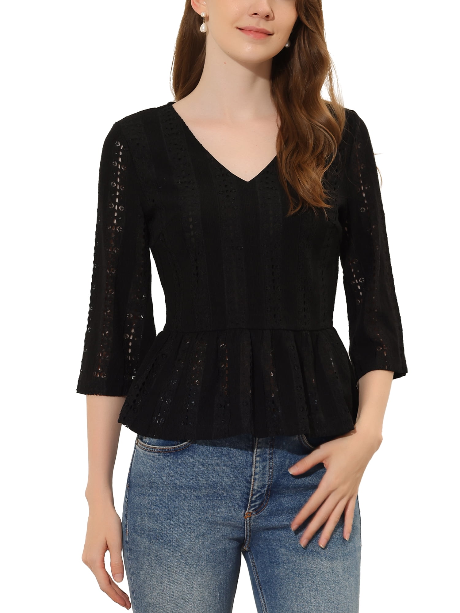 Allegra K Women's Peplum Top V Neck Long Sleeve Solid Lace Blouse XS Black - Walmart.com