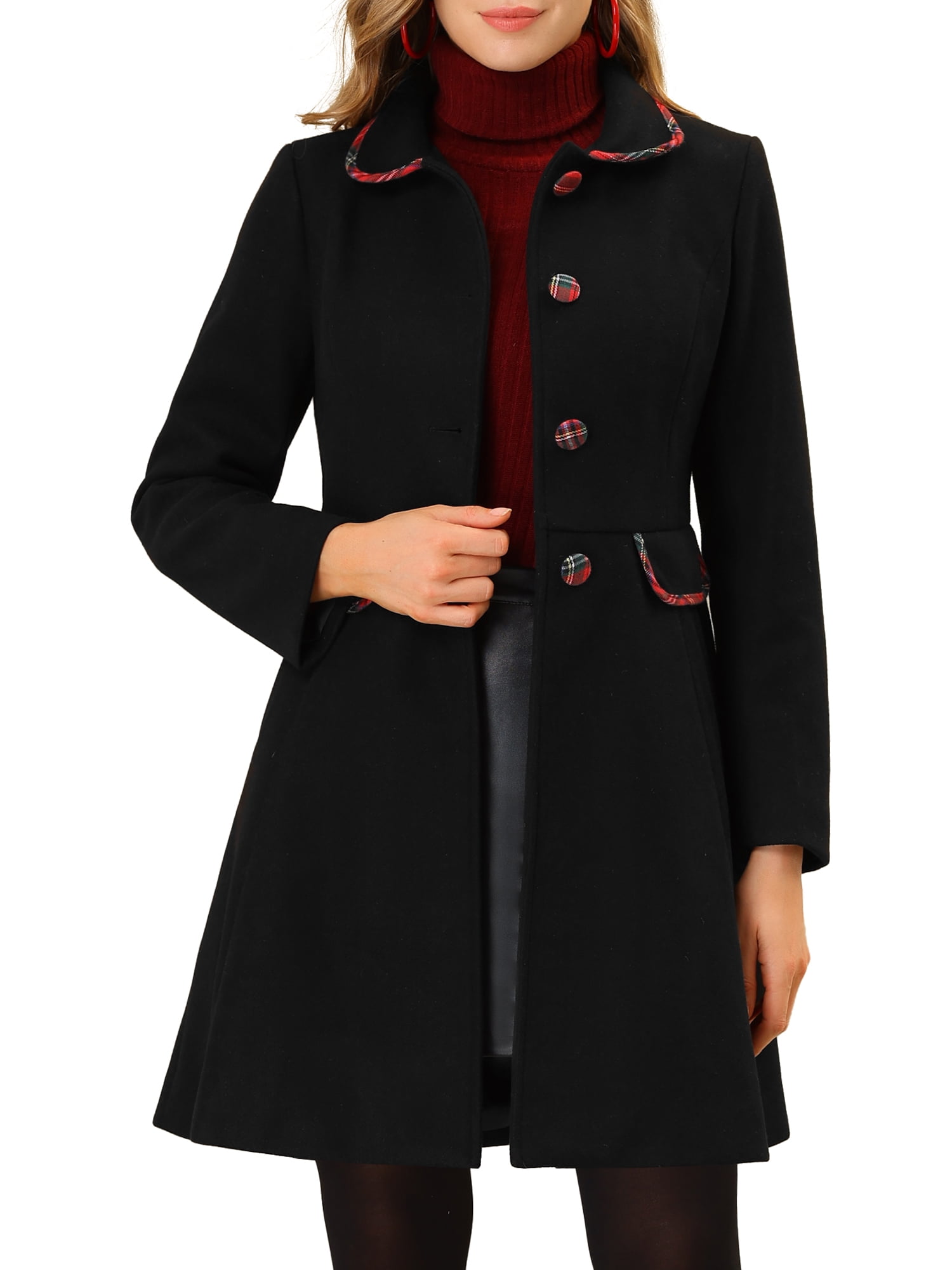 Allegra K Women's Peter Pan Collar Contrast Trim Single Breasted Winter ...