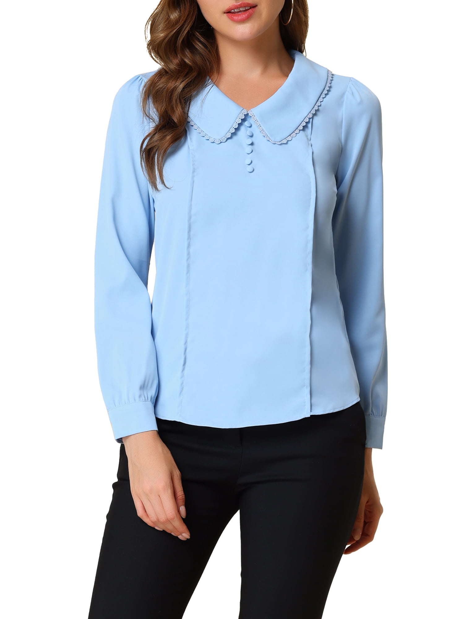 Allegra K Women's Peter Pan Collar Keyhole Back Button Decor Long Sleeve Blouse L Light Blue ...
