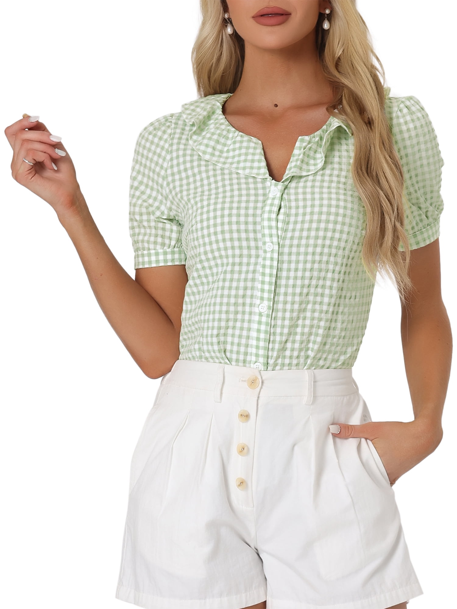 INSPIRE CHIC Women's Blouses Peter Pan Collar Puff Short Sleeves Ruffle Plaid Shirt Tops M Light ...