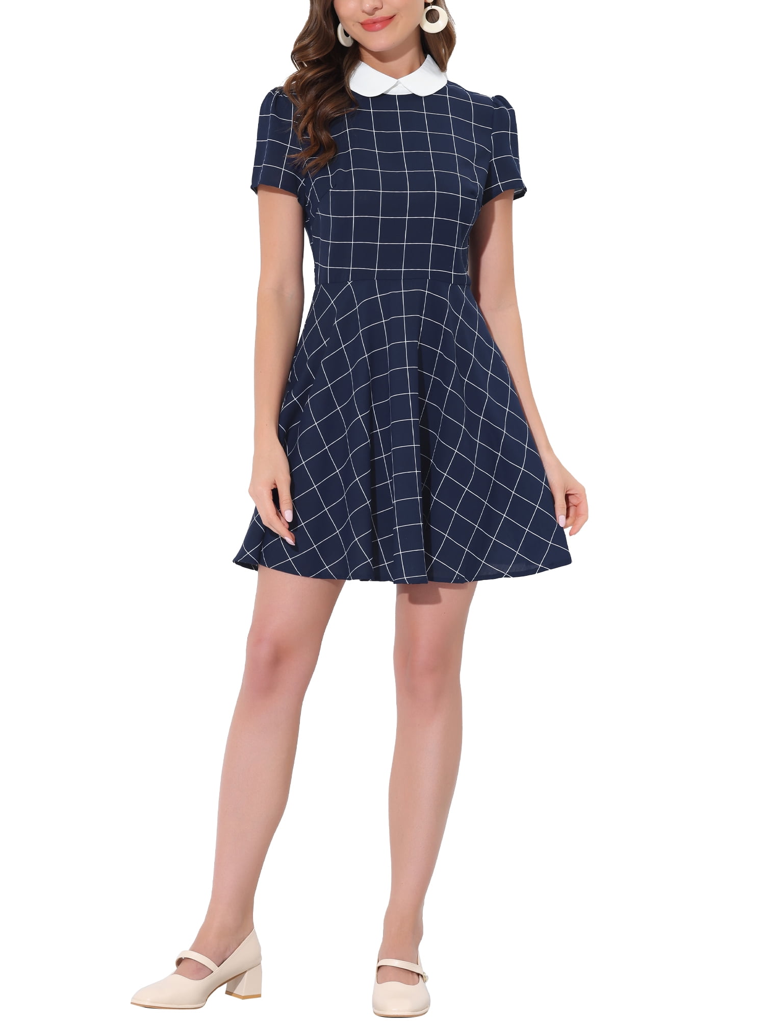 INSPIRE CHIC Women's Peter Pan Collar Puff Sleeves Above Knee Plaid ...