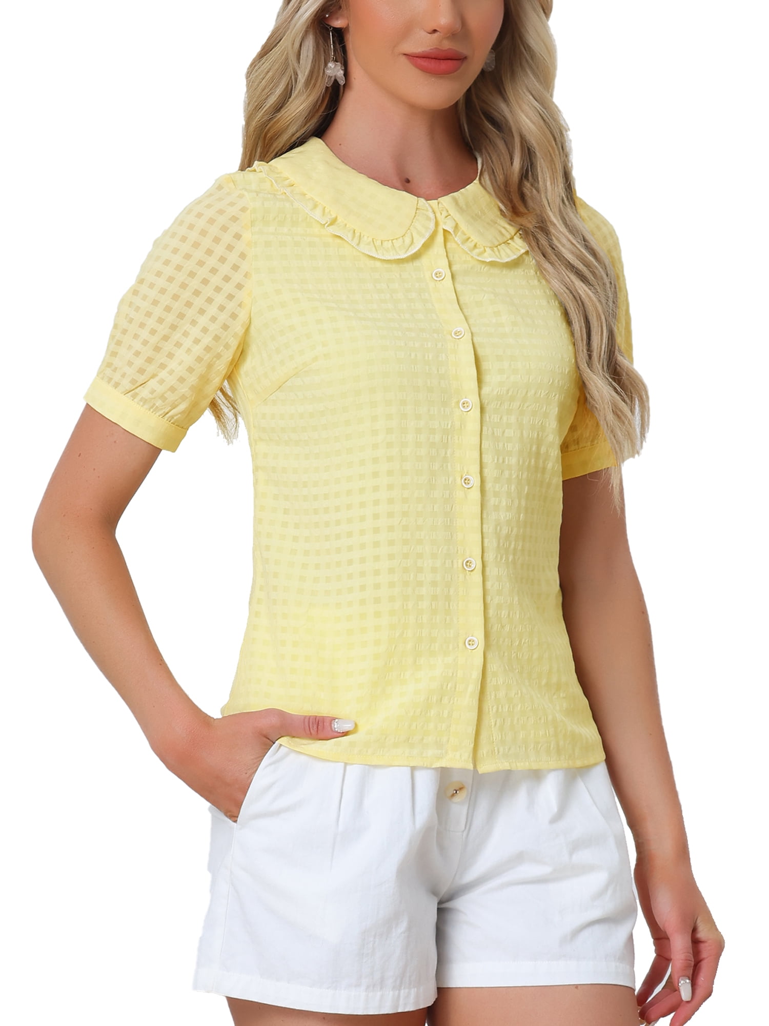 Allegra K Women's Peter Pan Collar Ruffled Trim Gingham Button Down ...