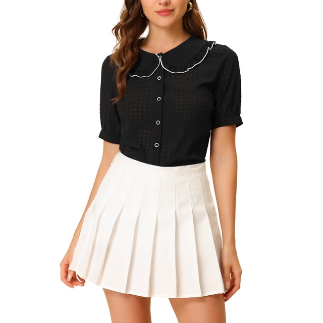 Allegra K Women's Peter Pan Collar Ruffled Trim Gingham Button Down ...