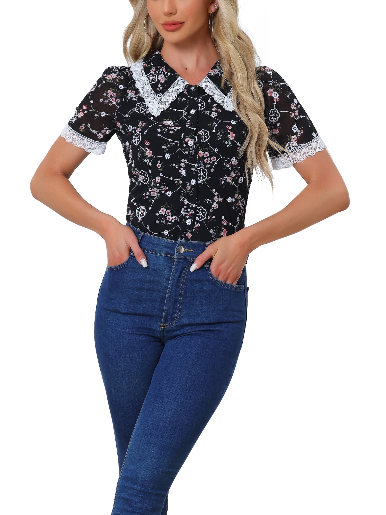 Allegra K Women's Peter Pan Collar Shirt Lace Trim Floral Embroidered ...