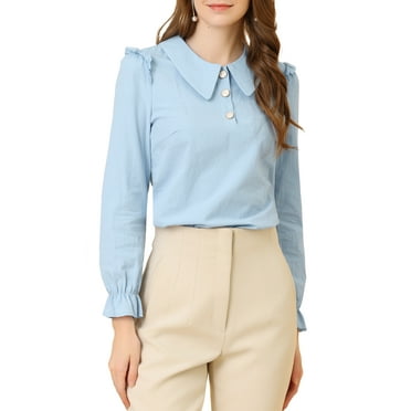 Allegra K Women's Halloween Costume Peter Pan Collar Work Blouse Puff Sleeve Button Down Shirt ...