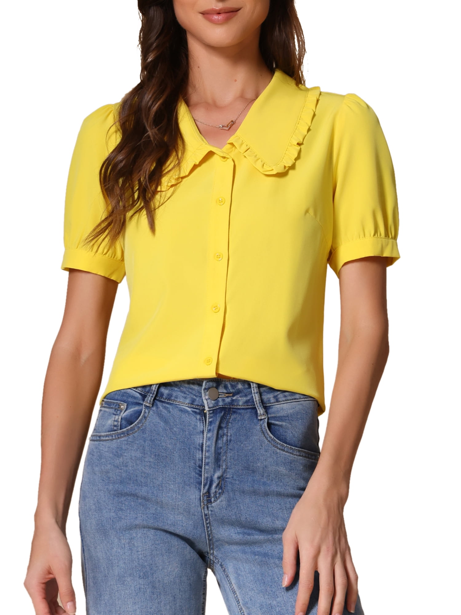 INSPIRE CHIC Women's Blouse Peter Pan Collar Puff Short Sleeve Retro ...