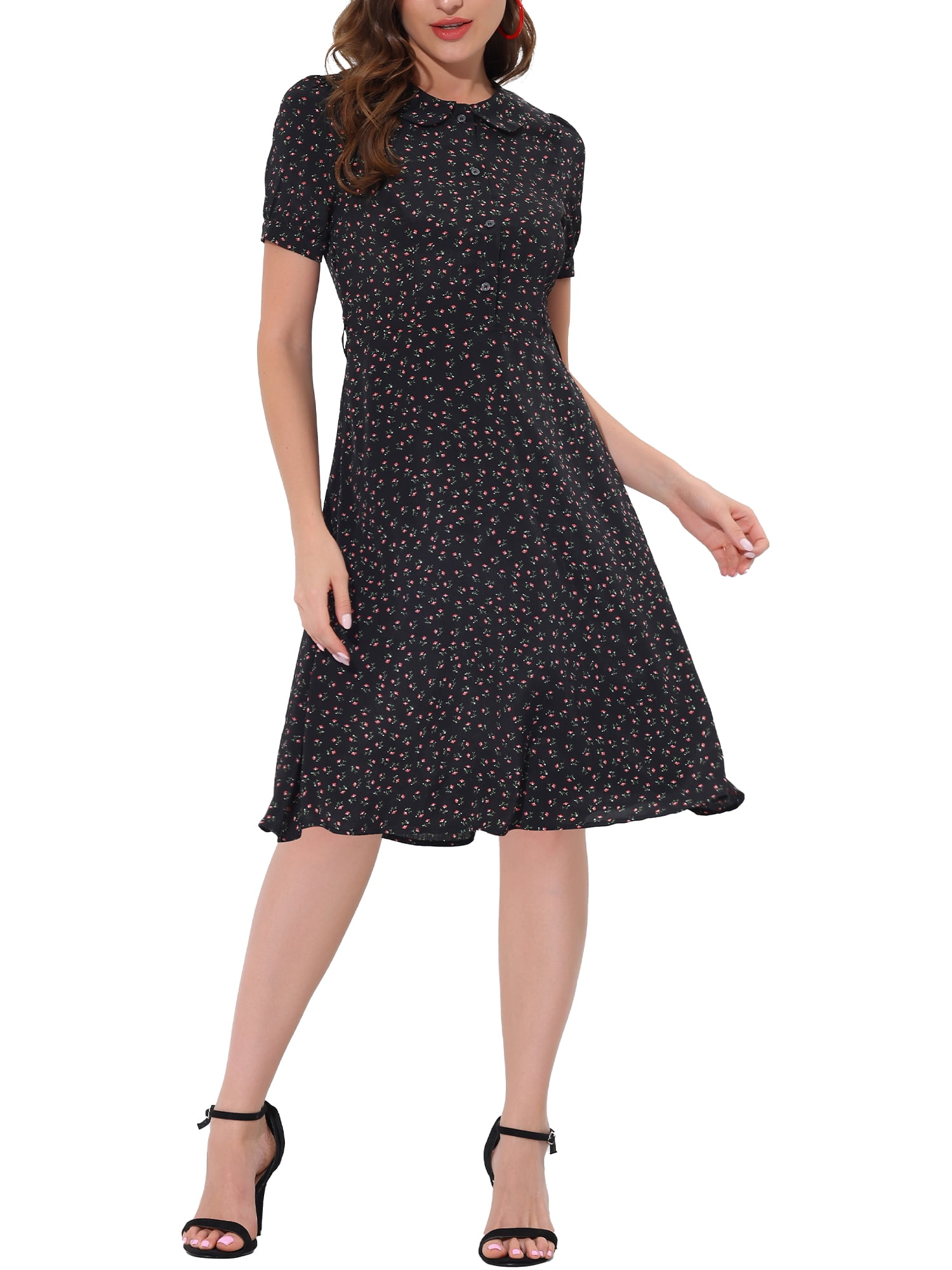 INSPIRE CHIC Women's Peter Pan Collar Tie Neck Short Sleeves A-Line ...