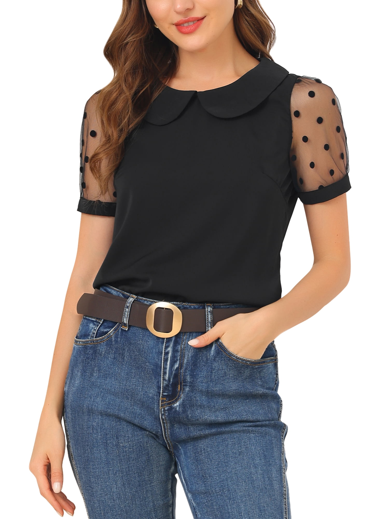 INSPIRE CHIC Women's Top Peter Pan Collar Mesh Puff Short Sleeve ...