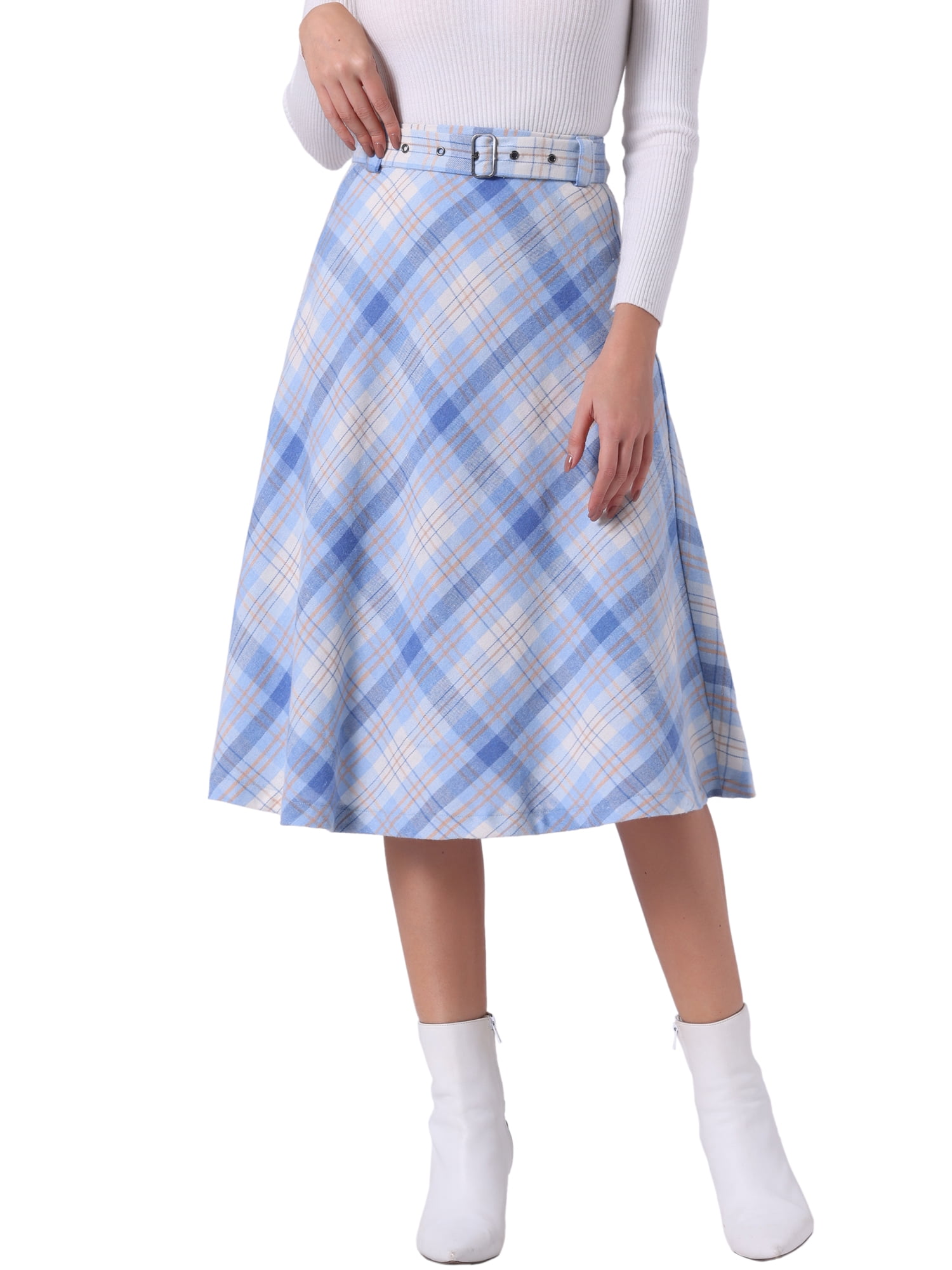 Allegra K Women's Plaid Belted High Waist A-Line Mid-Length Skirts S ...