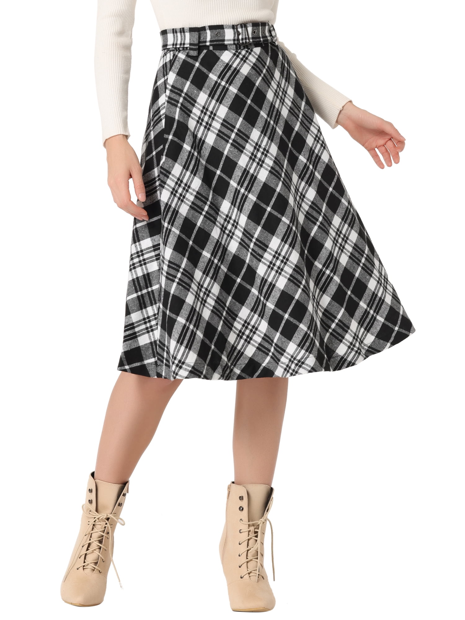 INSPIRE CHIC Women's Plaid Skirts Belted High Waist A-Line Mid-Length ...