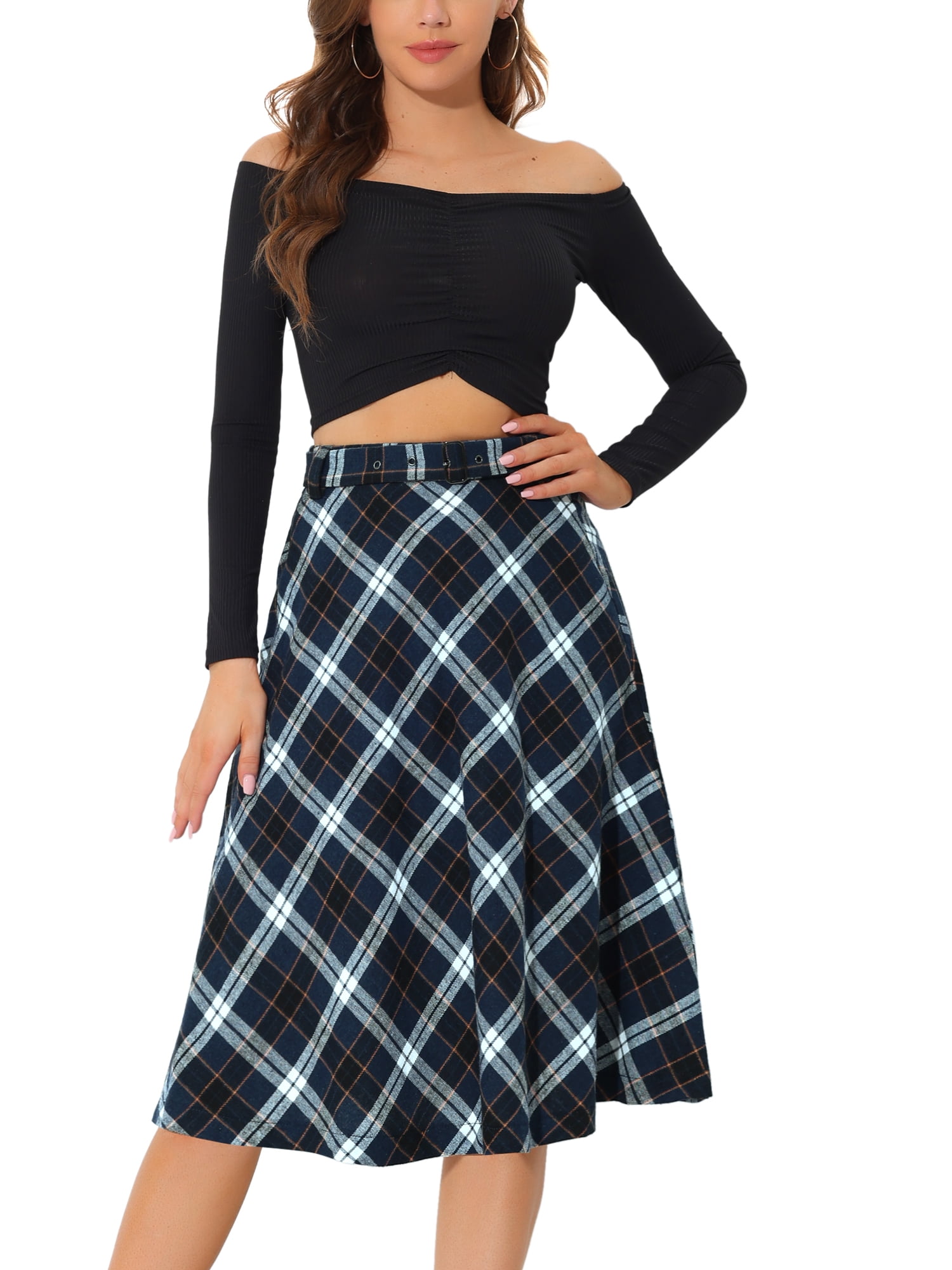INSPIRE CHIC Women's Plaid Skirts Belted High Waist A-Line Mid-Length ...