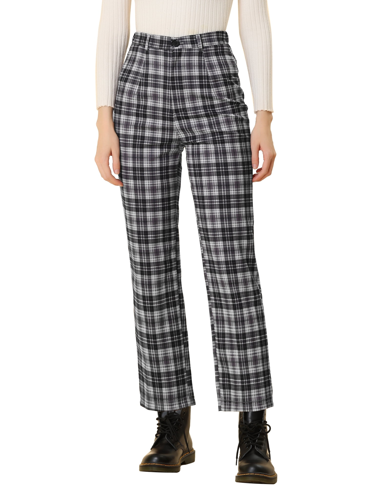 Allegra K Women's Plaid Cropped Trousers Button Casual Tartan Check ...
