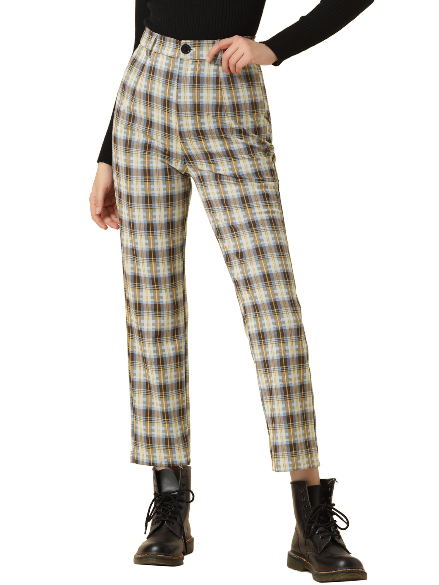 Allegra K Women's Plaid Cropped Trousers Button Casual Tartan Check ...