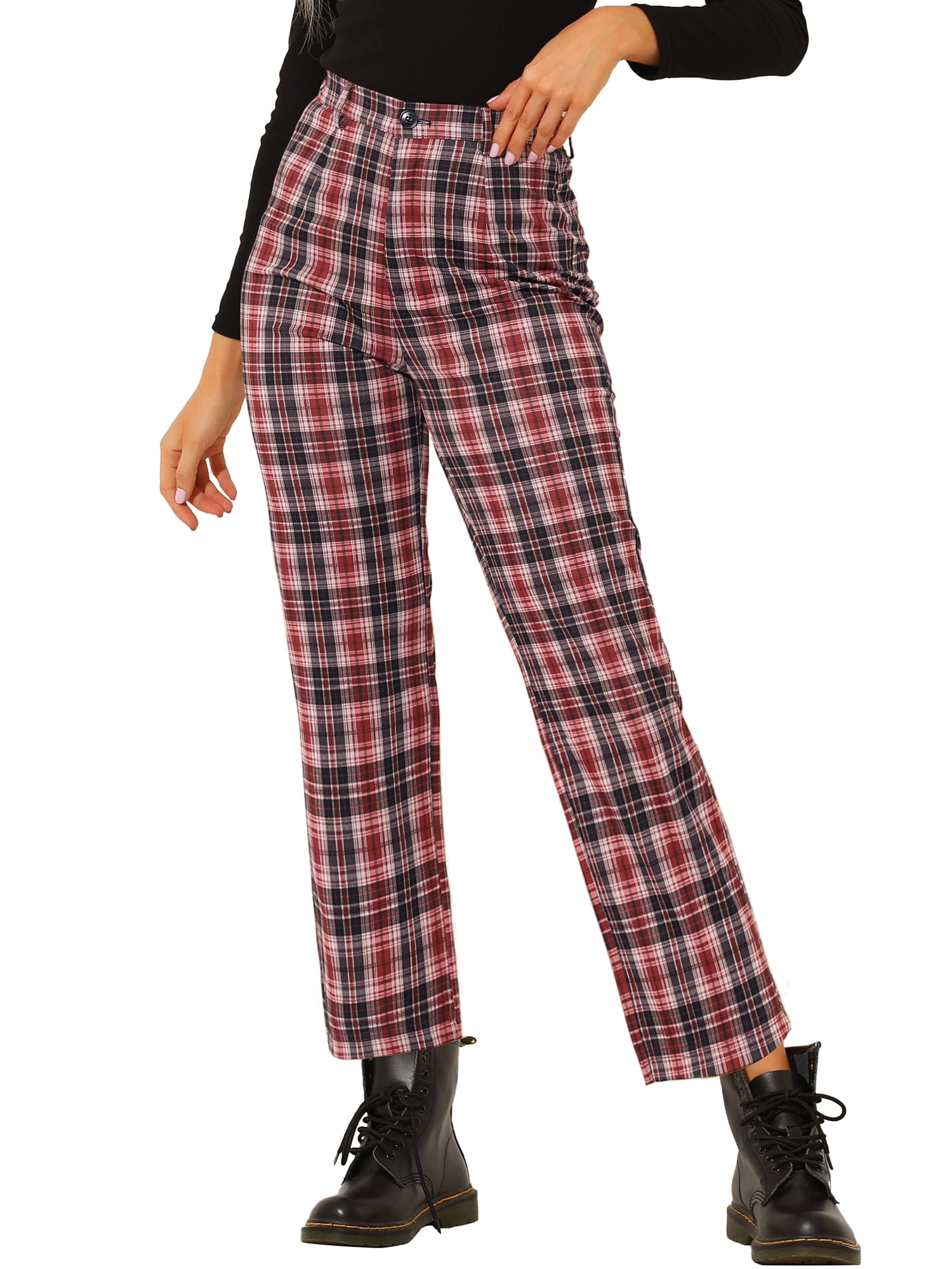 INSPIRE CHIC Women's Plaid Cropped Trousers Button Casual Tartan Check ...