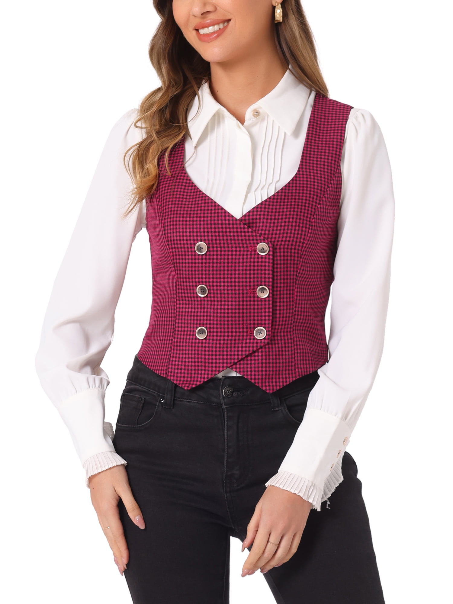INSPIRE CHIC Women's Plaid Double Breasted Cinched Waist Racerback Suit ...