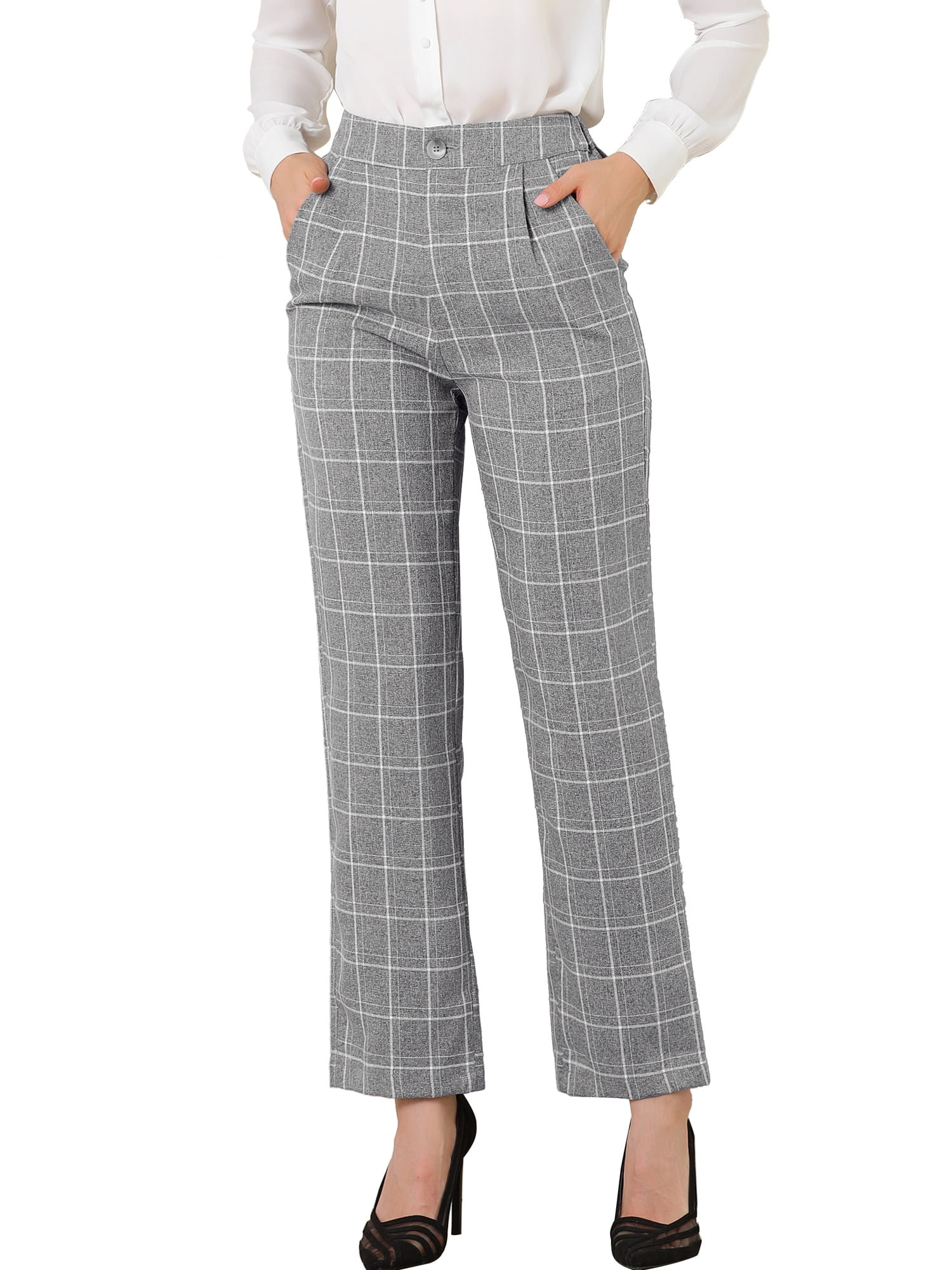 INSPIRE CHIC Women's Plaid Elastic Waist Button Zipper Straight Leg ...