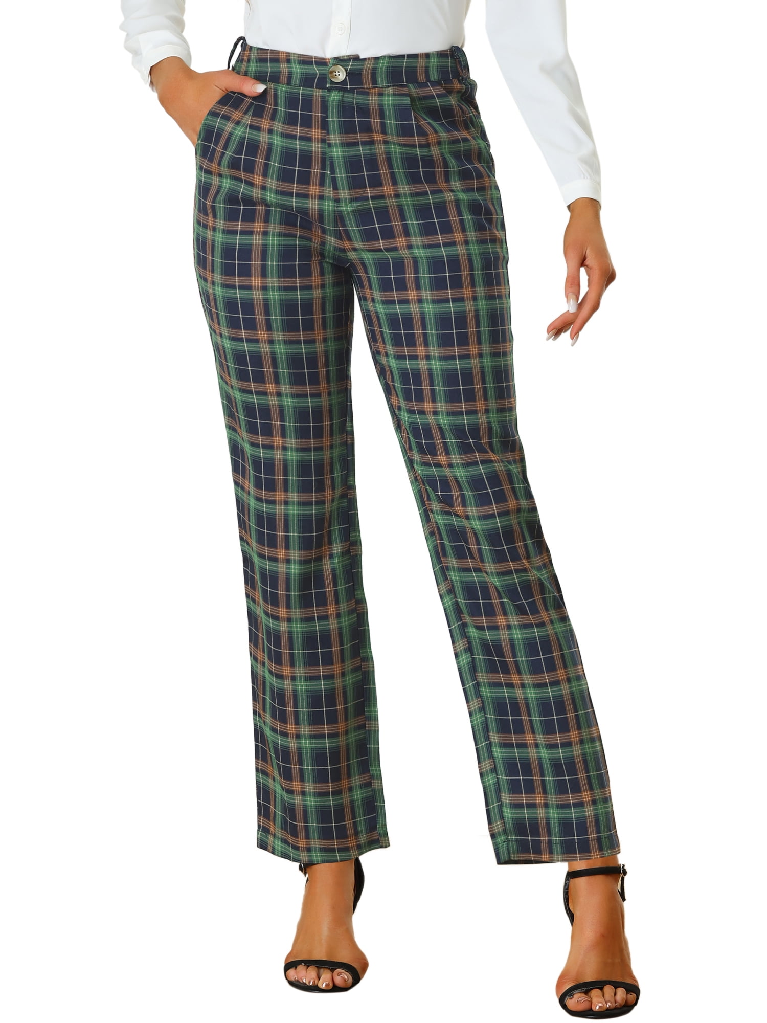 INSPIRE CHIC Women's Plaid Elastic Waist Button Zipper Straight Leg ...