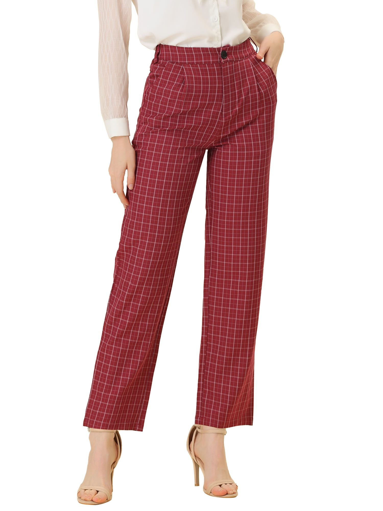 INSPIRE CHIC Women's Plaid Elastic Waist Button Zipper Straight Leg ...