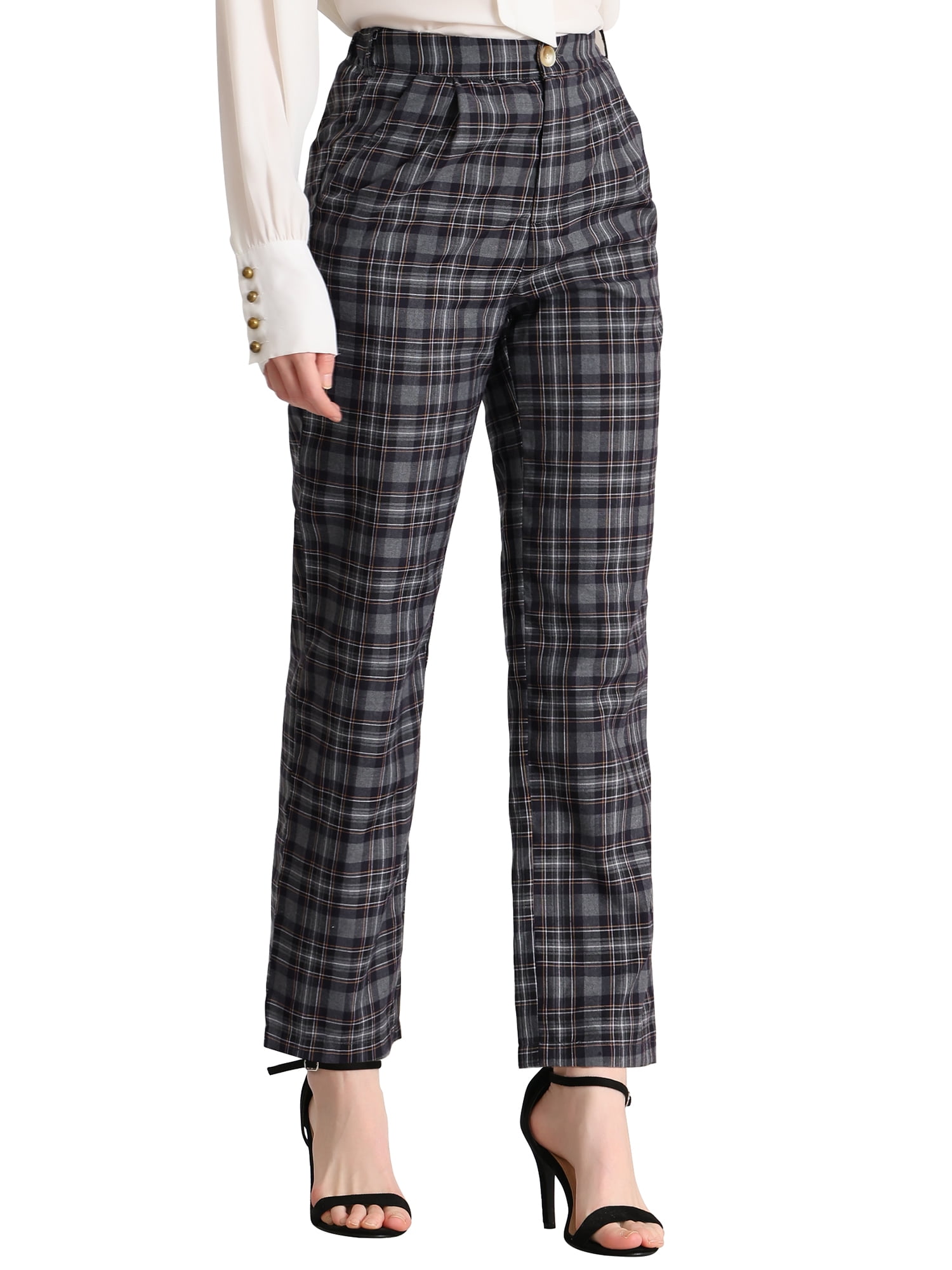 Allegra K Women's Plaid Elastic Waist Button Zipper Straight Leg Long ...