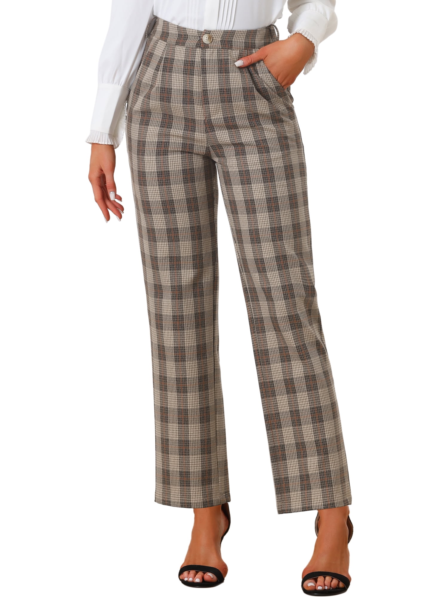 INSPIRE CHIC Women's Plaid Elastic Waist Button Zipper Straight Leg ...