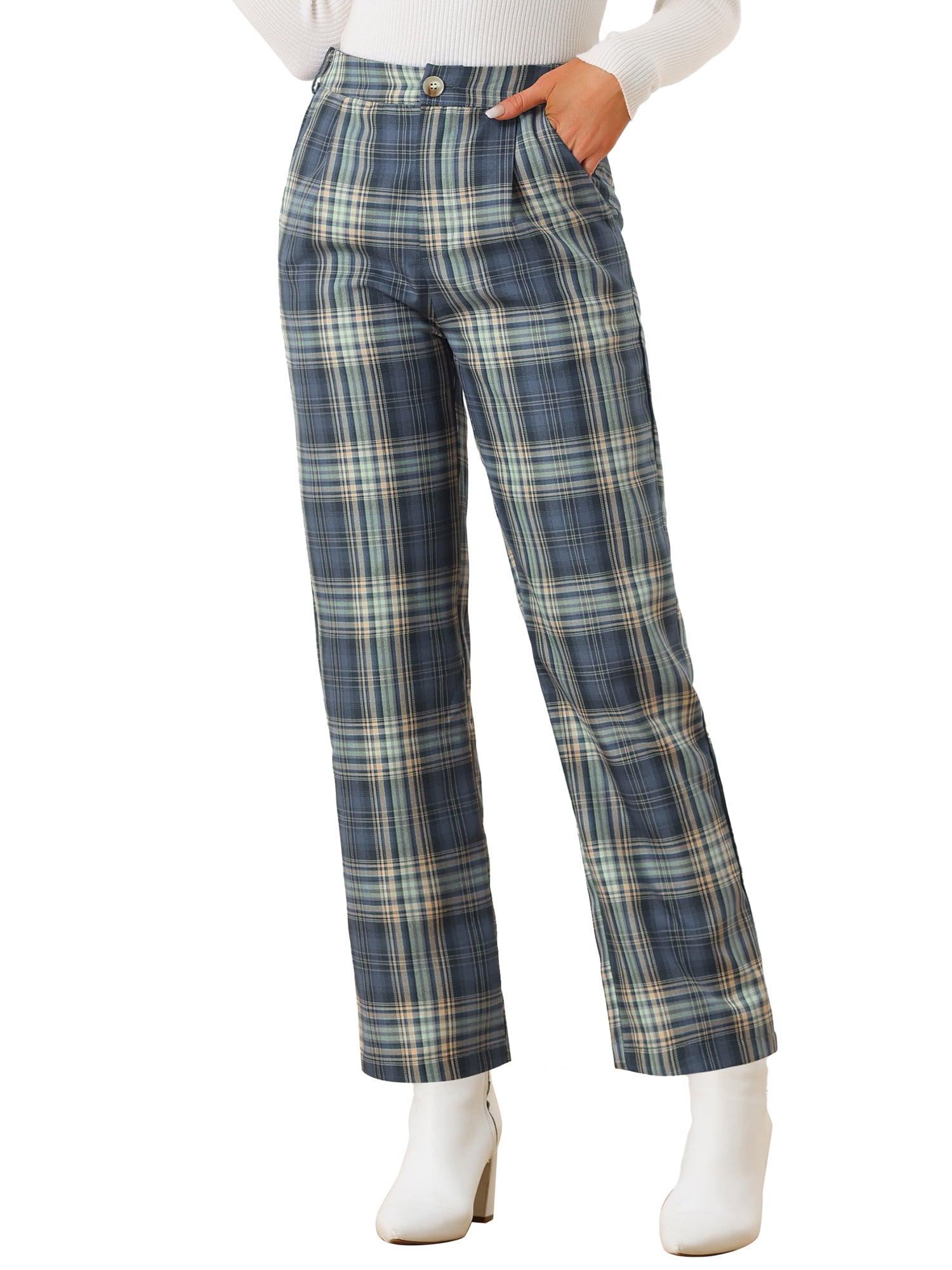 Allegra K Women's Plaid Elastic Waist Button Zipper Straight Leg Long ...