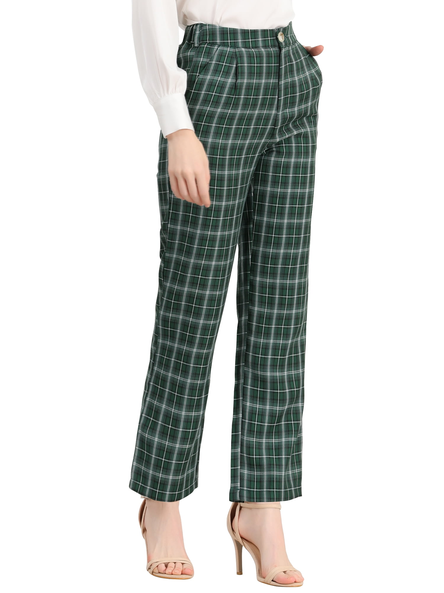 Allegra K Women's Plaid Elastic Waist Button Zipper Straight Leg Long ...