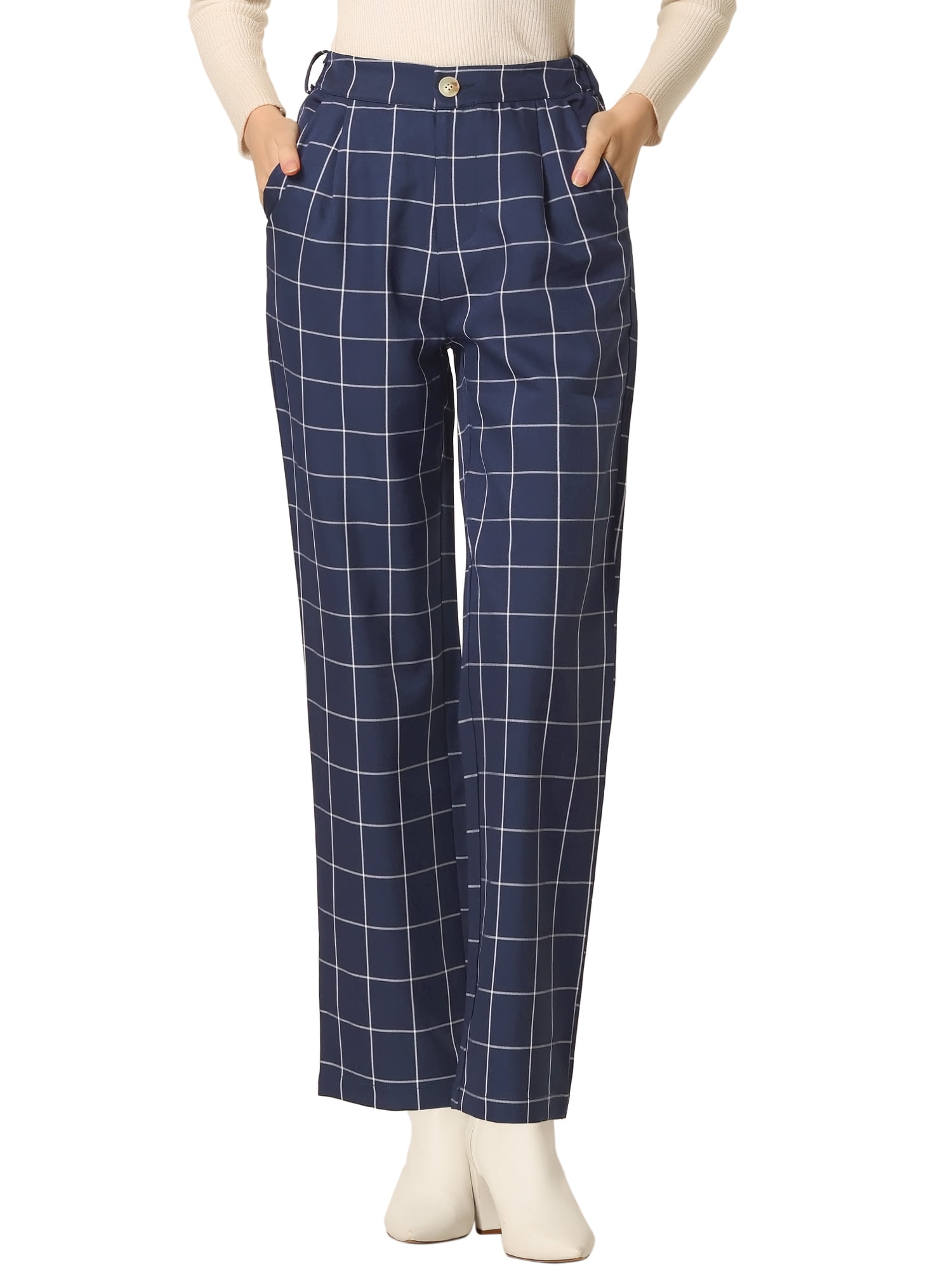 Allegra K Women's Plaid Elastic Waist Button Zipper Straight Leg Long ...