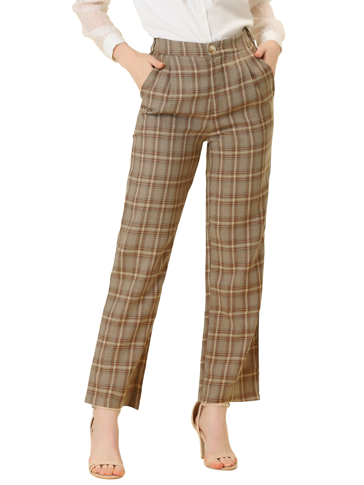 Allegra K Women's Plaid Elastic Waist Button Zipper Straight Leg Long ...