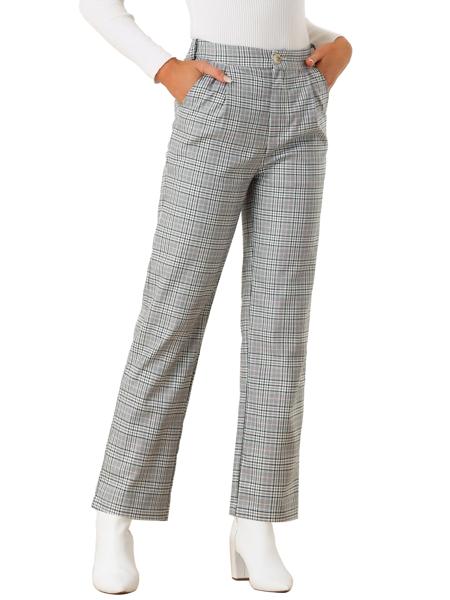 Allegra K Women's Plaid Elastic Waist Button Zipper Straight Leg Long ...