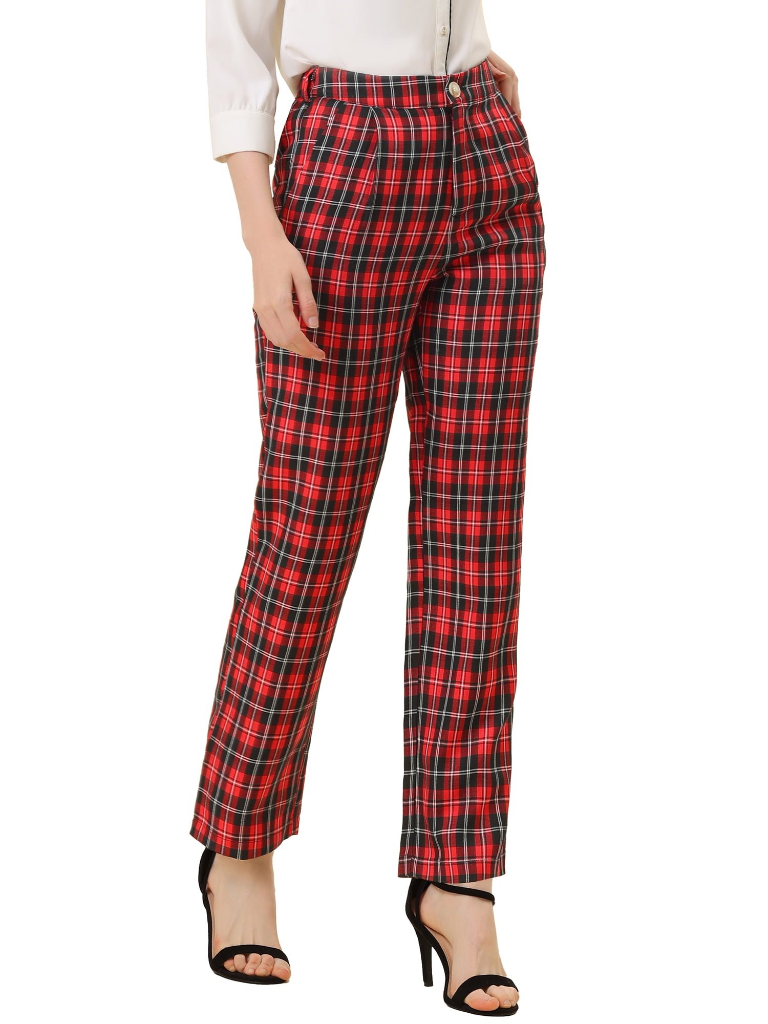 Allegra K Women Plaid Elastic Waist Button Zipper Straight Leg Long ...