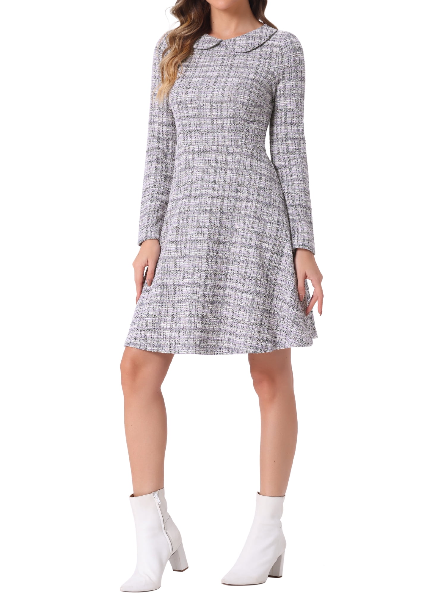 INSPIRE CHIC Women's Plaid Grid Peter Pan Collar Long Sleeve A-line ...