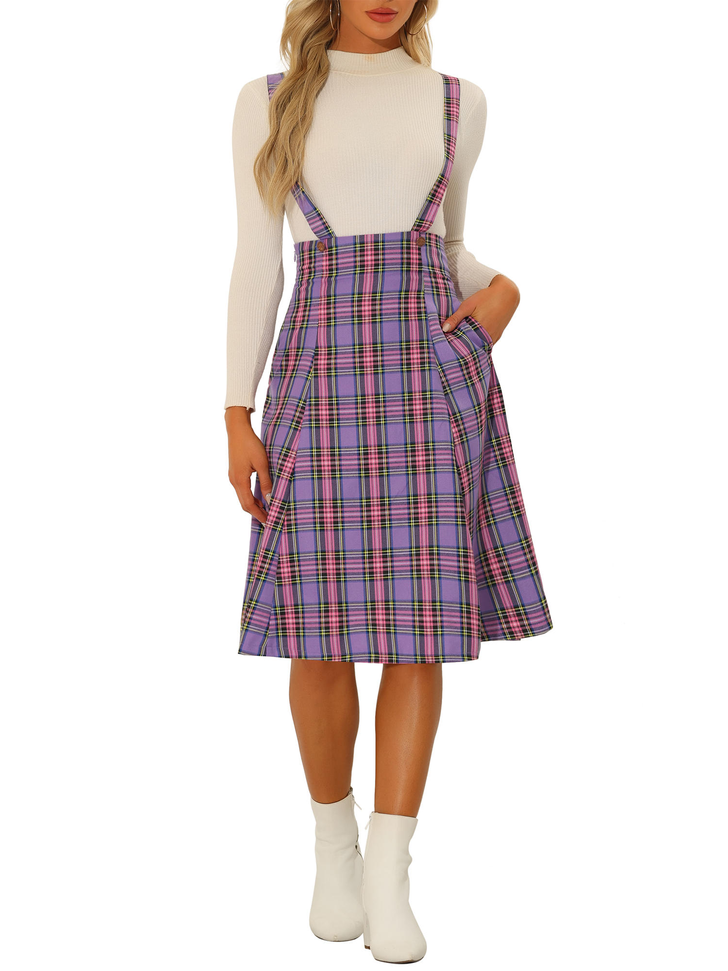 INSPIRE CHIC Women's Plaid Midi Suspender Skirt for Tartan Pinafore ...
