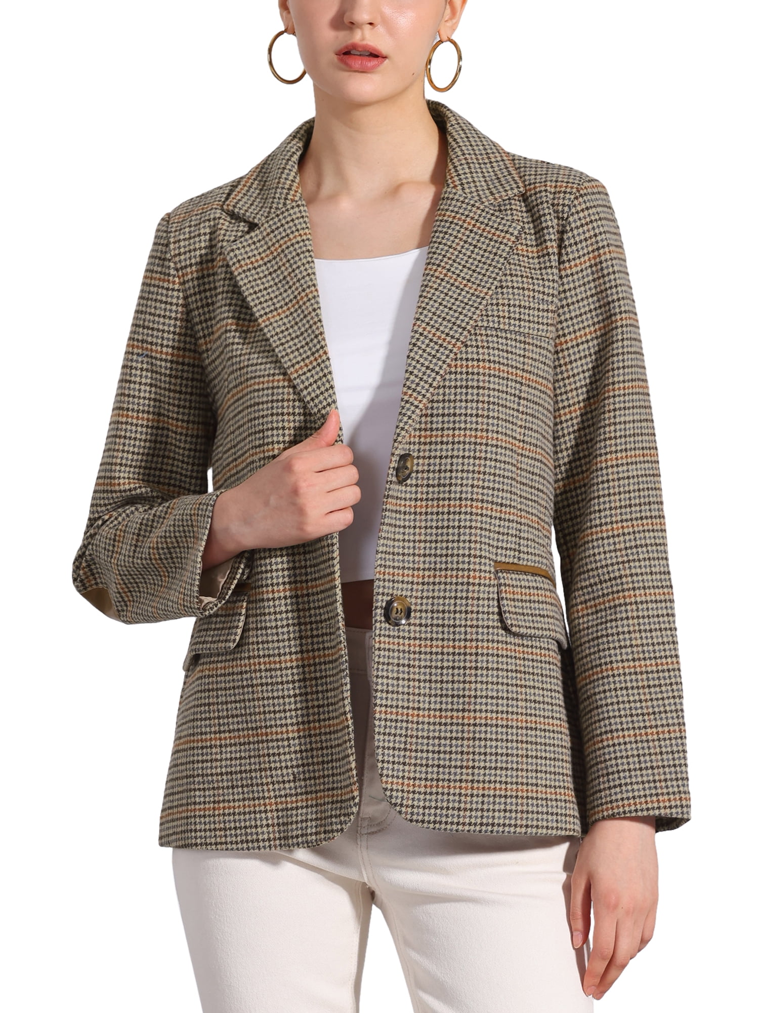 Allegra K Women's Plaid Notched Lapel Button Front Work Formal Blazer ...