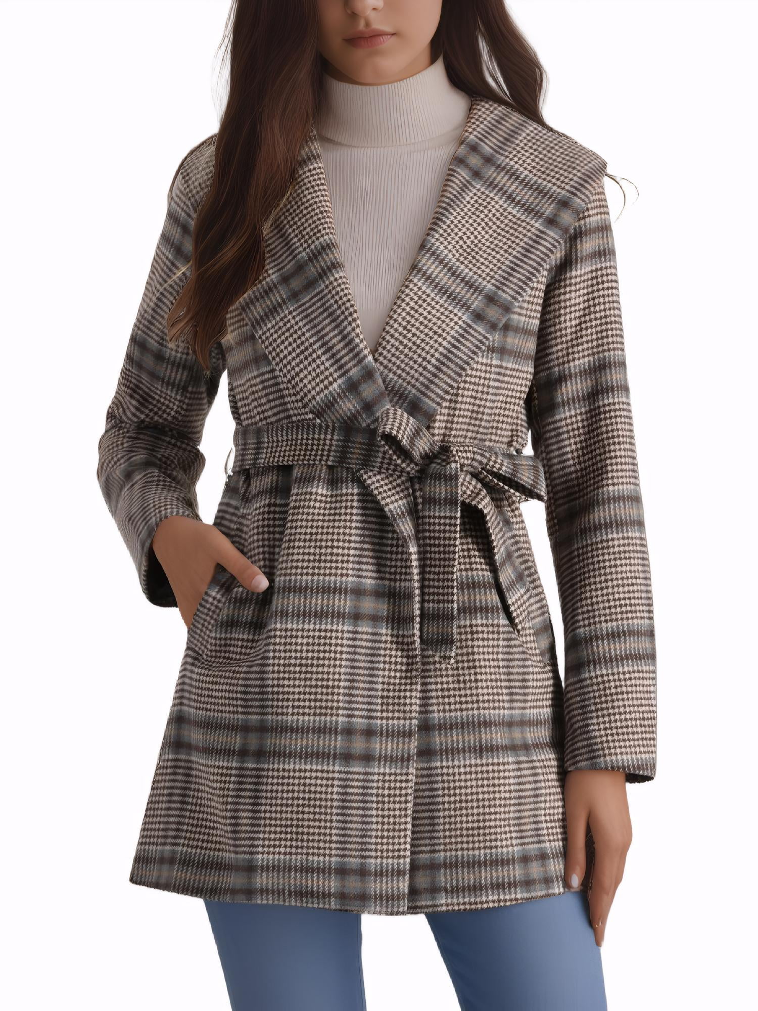 INSPIRE CHIC Women's Plaid Shawl Collar Belted Wrap Winter Coat S Khaki ...