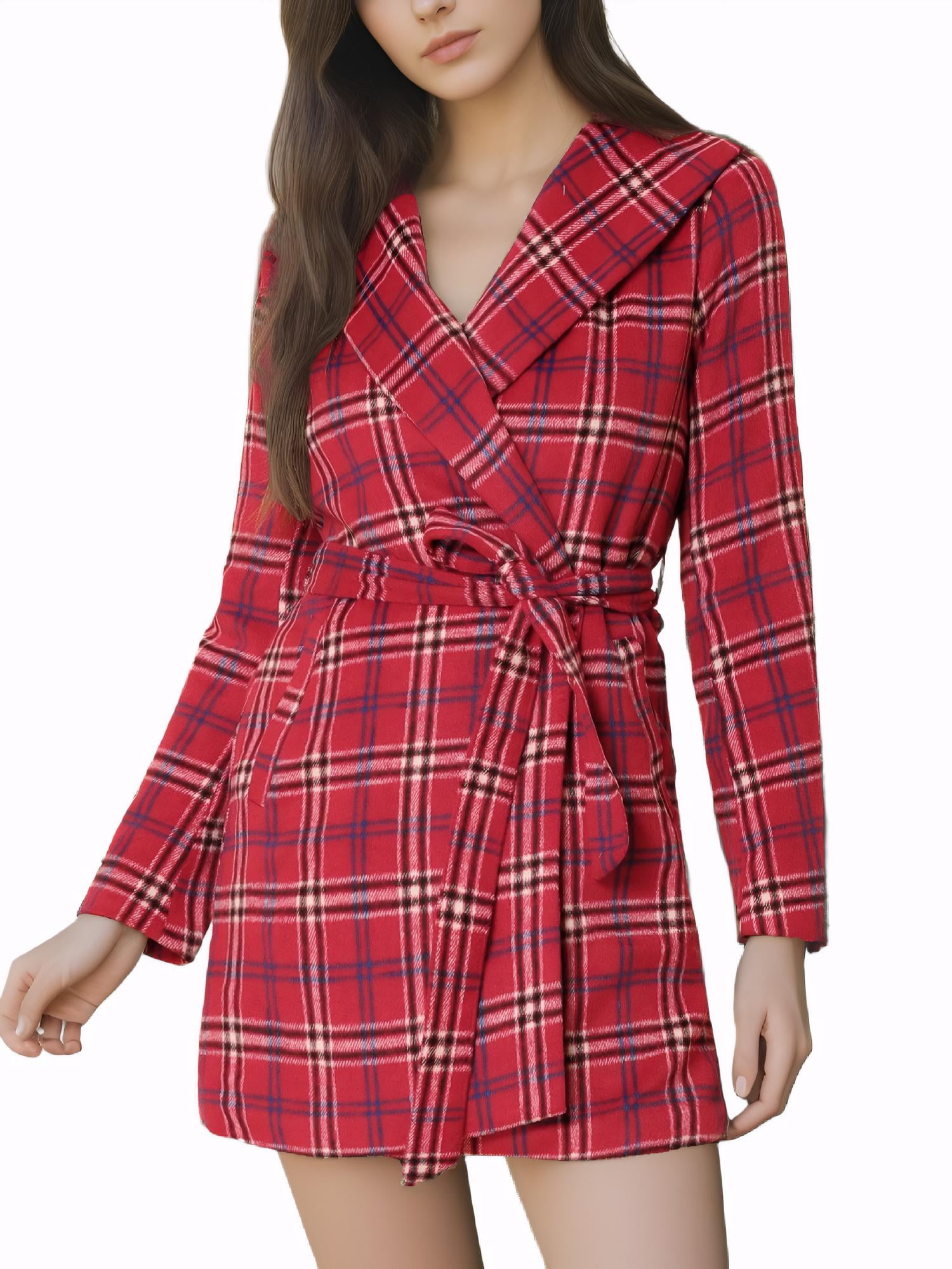 INSPIRE CHIC Women's Plaid Shawl Collar Belted Wrap Winter Coat S Red ...