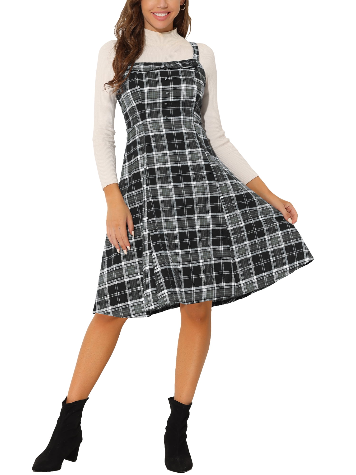 INSPIRE CHIC Women's Suspender Dress Retro Plaid Square Neck A-Line ...