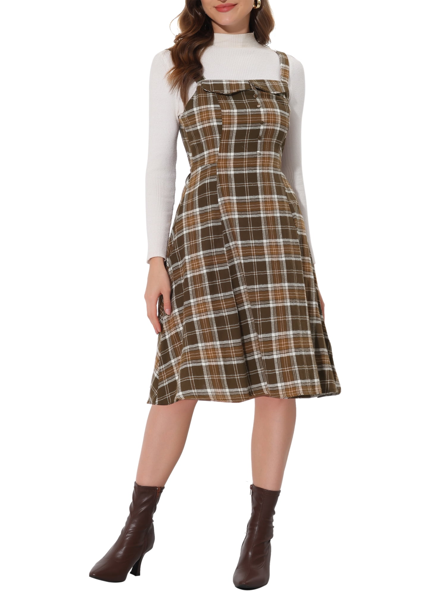 Allegra K Women's Plaid Tie Belt Waist Sleeveless Midi Overall Dress L ...