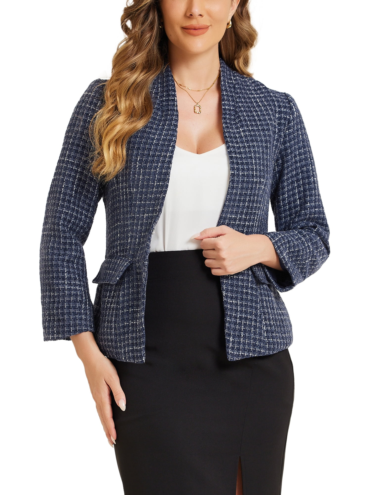 Allegra K Women's Plaid Tweed Blazer Long Sleeve Open Front Work Office ...