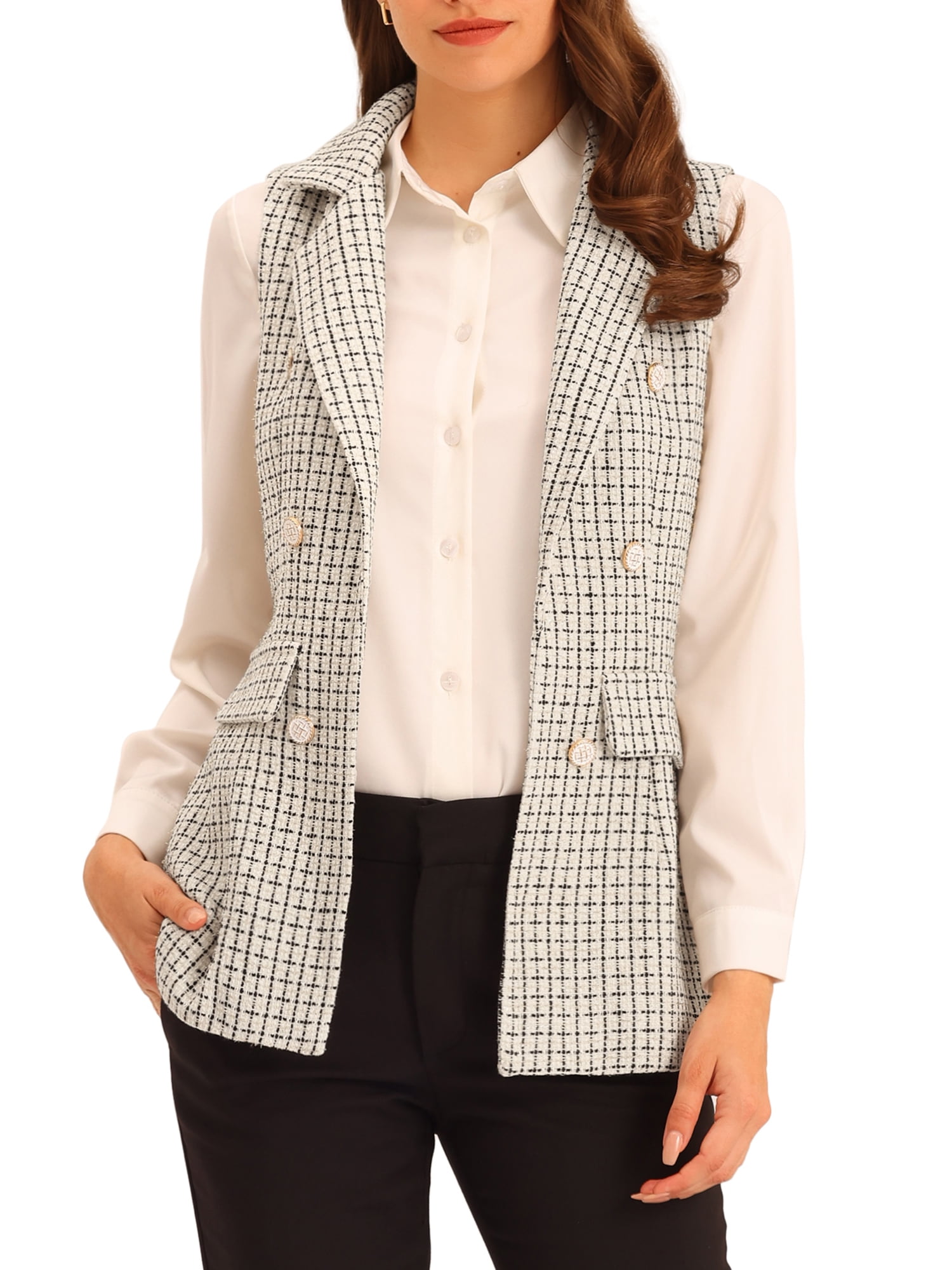 Allegra K Women's Plaid Tweed Lapel Open Front Sleeveless Blazer Vest ...