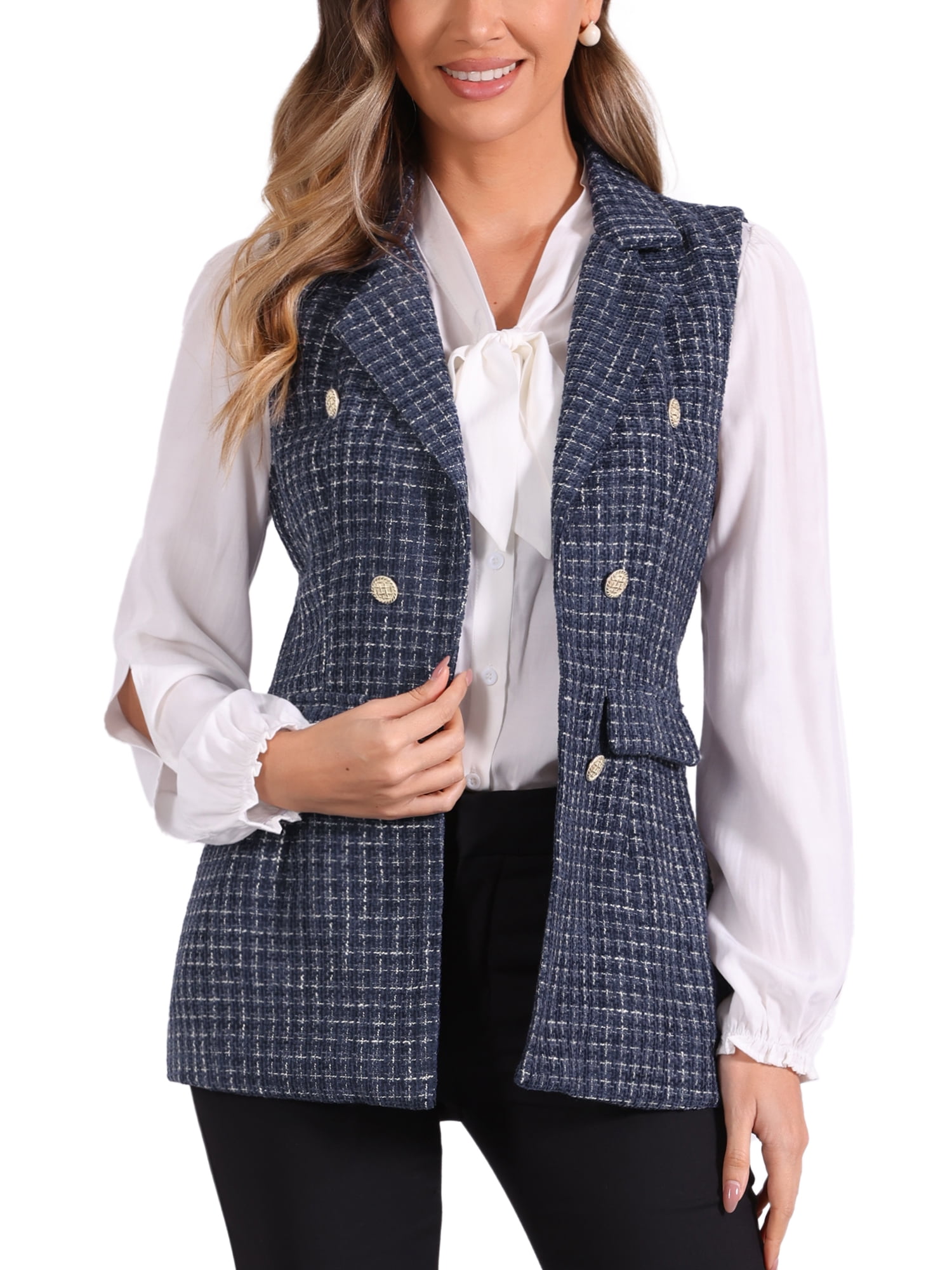 Allegra K Women's Plaid Tweed Lapel Open Front Sleeveless Blazer Vest ...