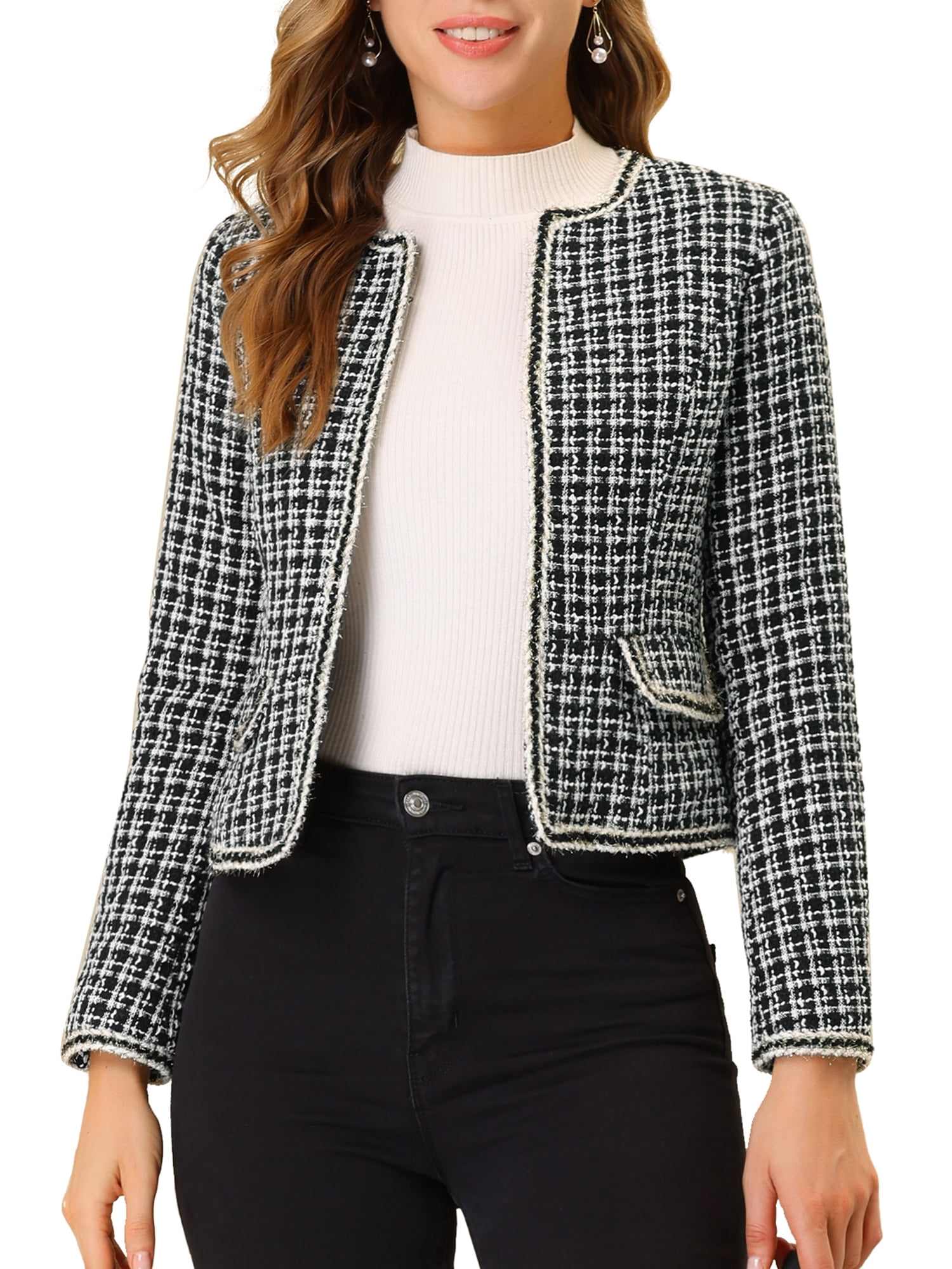 Allegra K Women's Plaid Tweed Jacket, Open Front Office Short Blazer ...