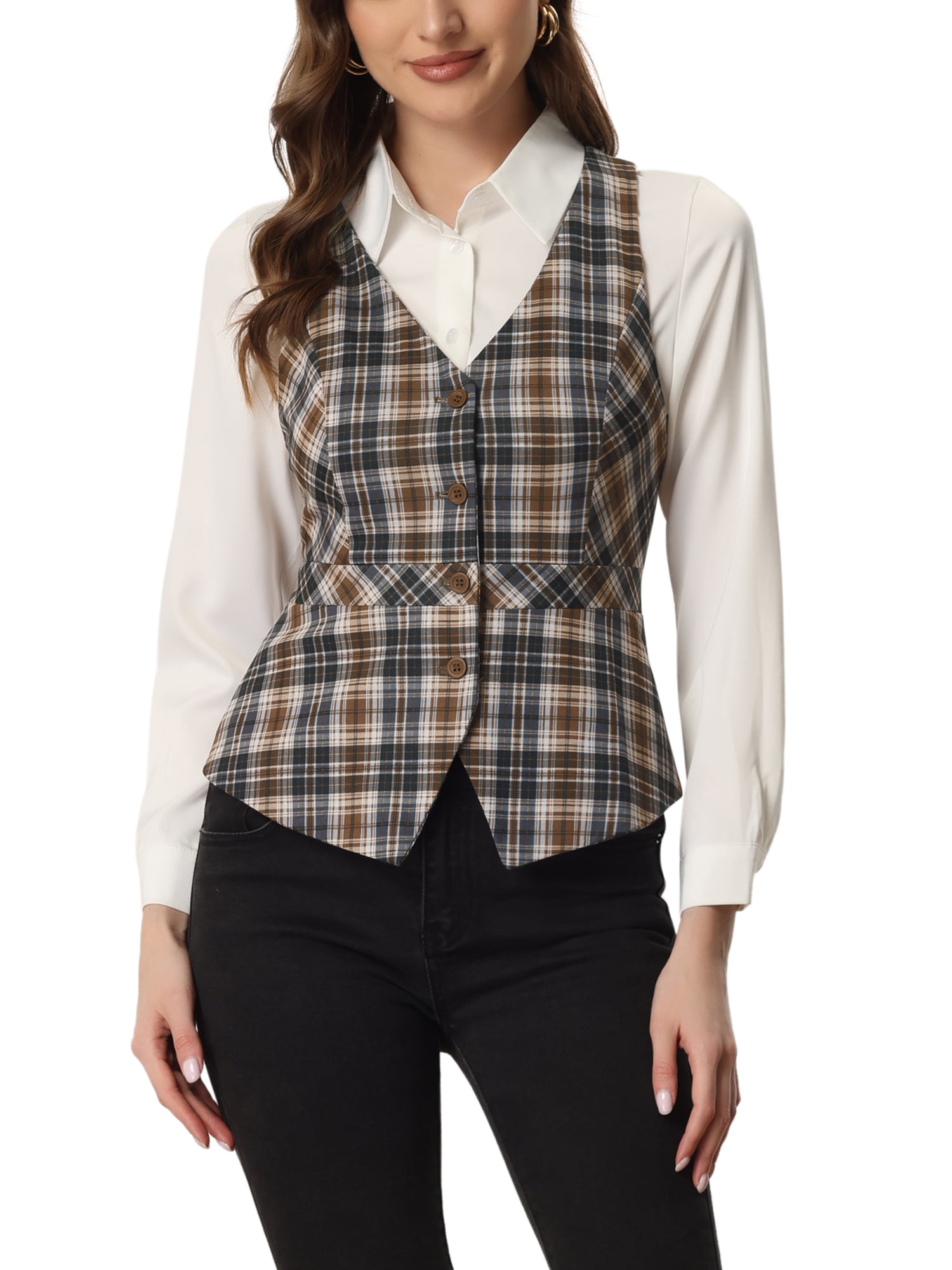 Allegra K Women's Plaid Vest V Neck Button Down Vintage Racerback ...