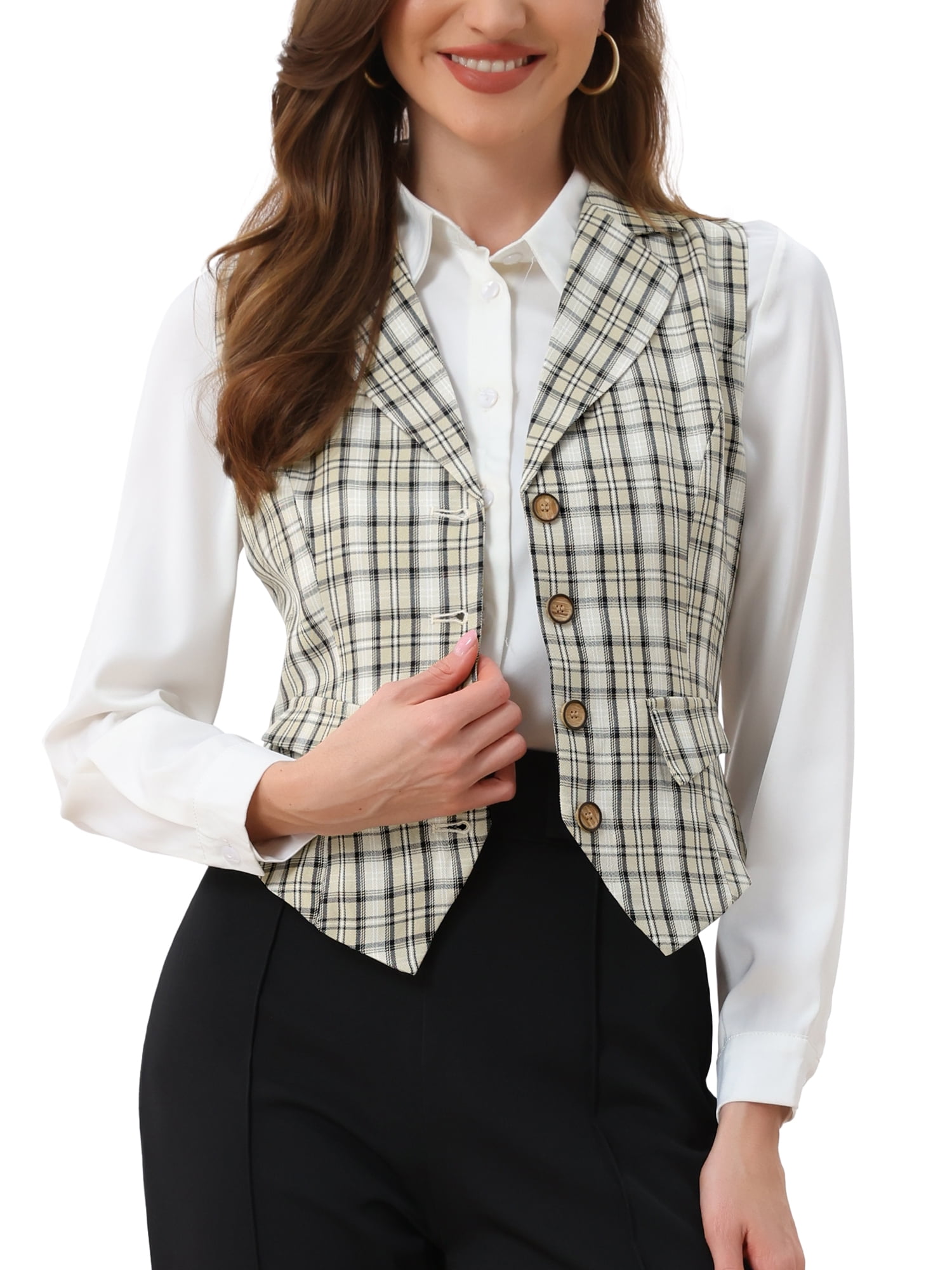 INSPIRE CHIC Women's Waistcoat Notched Lapel V Neck Single Breasted ...